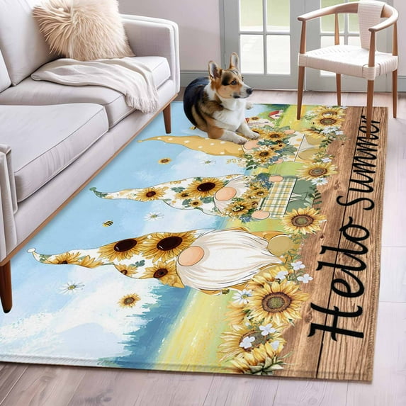Gnome Sunflower Area Rugs 3x5 ft Daisy Hello Summer Brown Wood Grain ...
