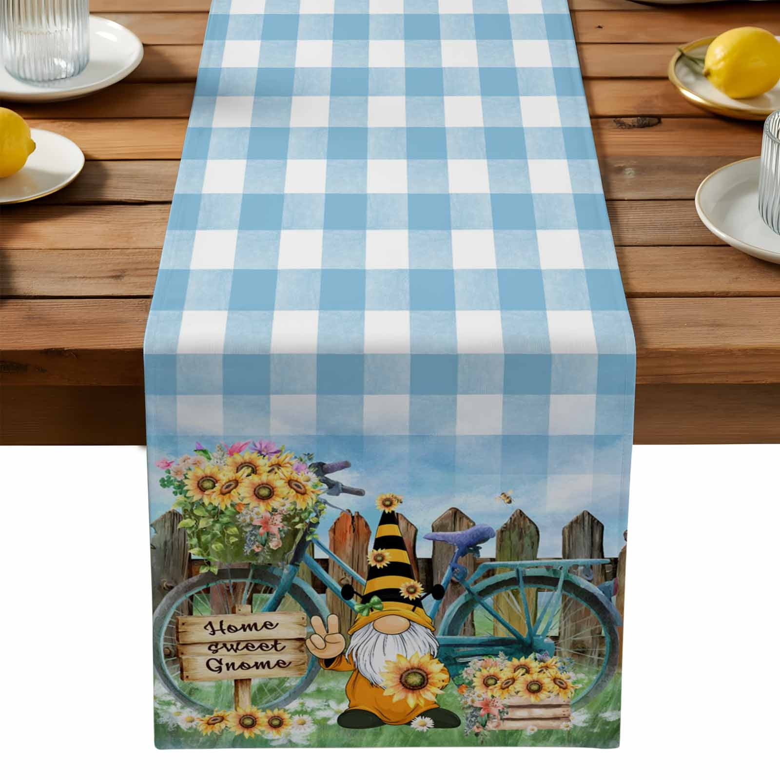 Gnome Sunflower Table Runner, Welcome Summer Bike Farmhouse Washable ...