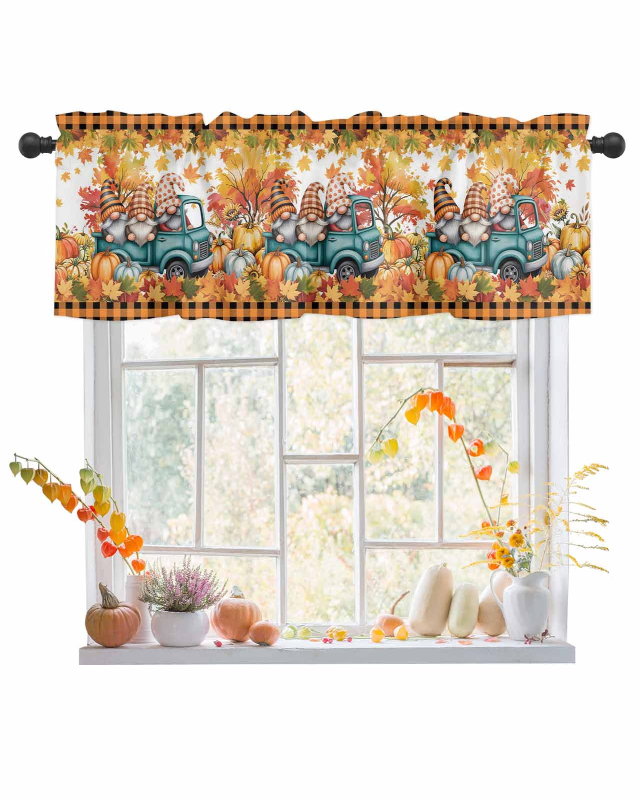 Gnome Truck Fall Valances for Windows, Rod Pocket Thanksgiving Kitchen ...