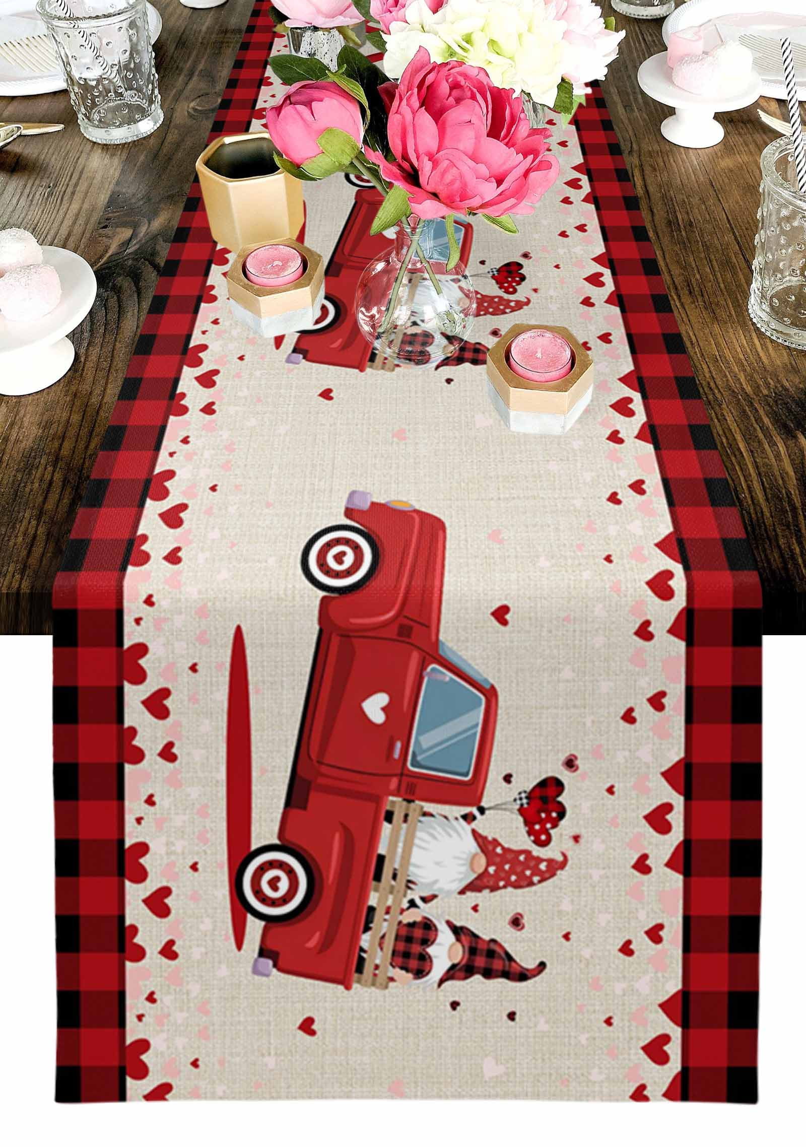 Gnome Truck Table Runner, Happy Valentine's Day Lovers Red Plaid ...
