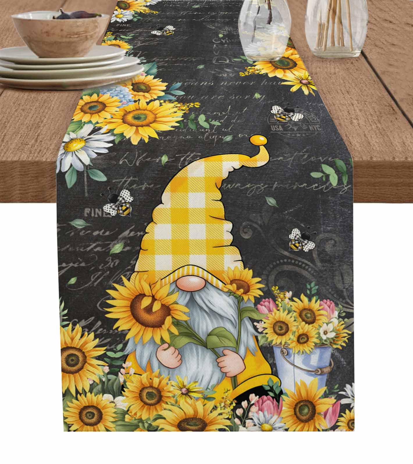 Gnomes Black Table Runner 72 Inches, Yellow Sunflower Floral Bee Summer Spring Bed Runner ...