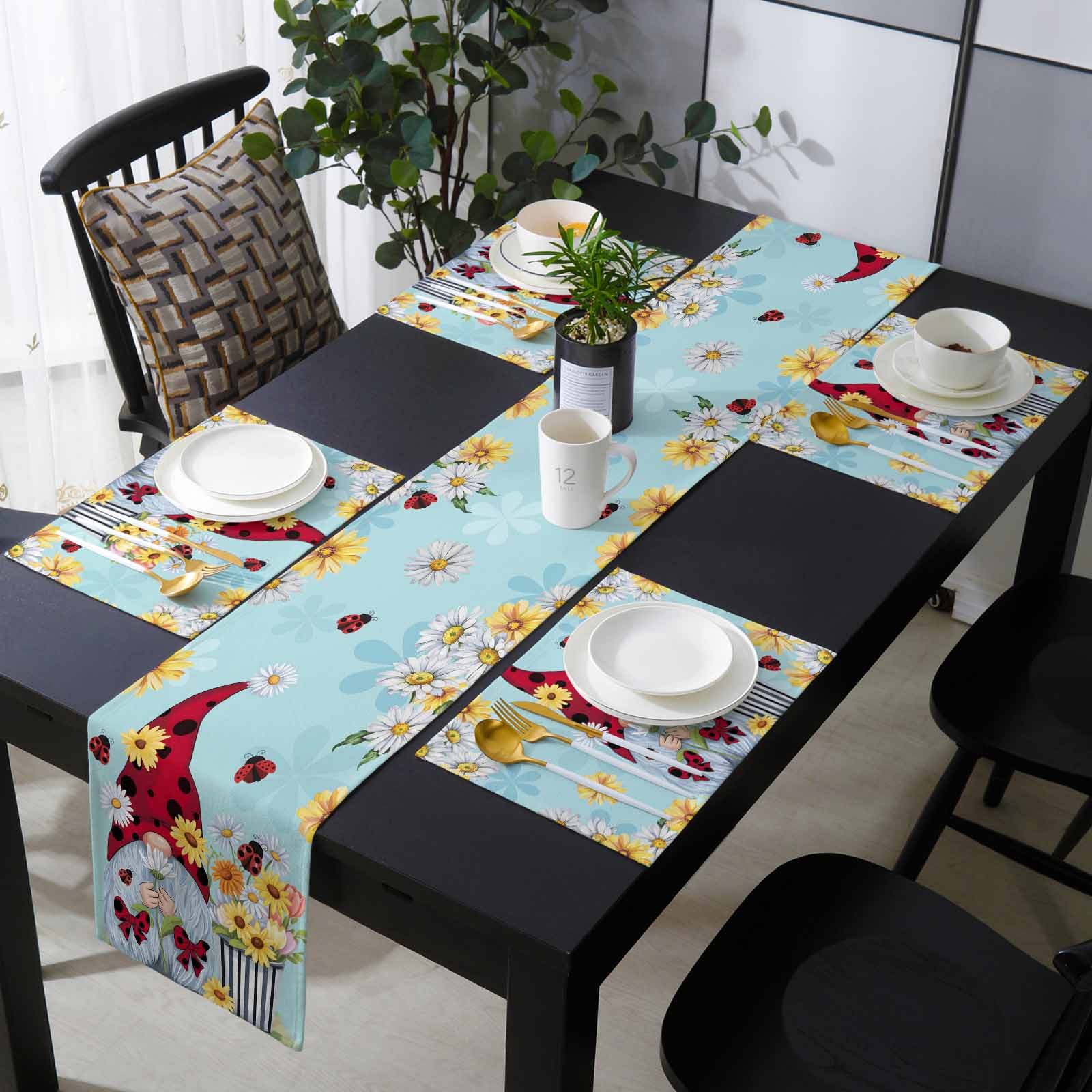 Gnomes Blue Placemats Set of 6 with 70 Inches Long Table Runners,Spring ...