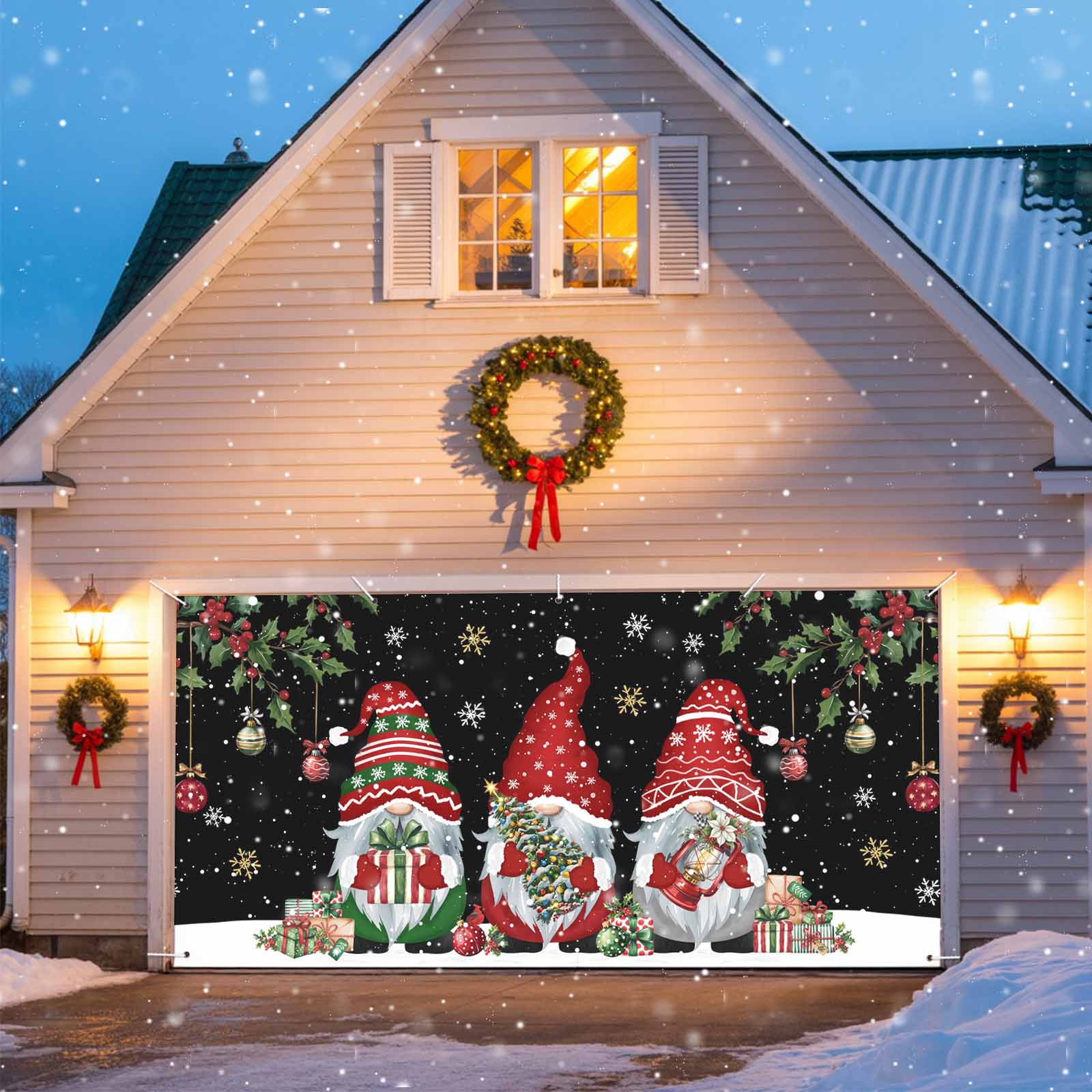 Gnomes Christmas Garage Door Banner Covers, Xmas Balls Branches Winter ...