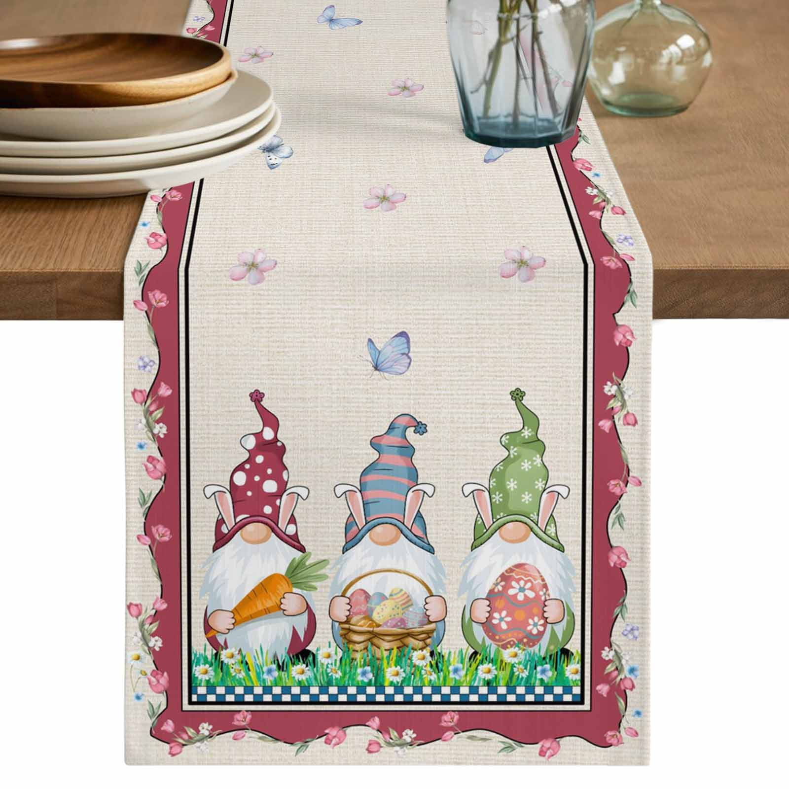Gnomes Easter Table Runner 60 Inches, Eggs Tulips Spring Floral Rustic ...