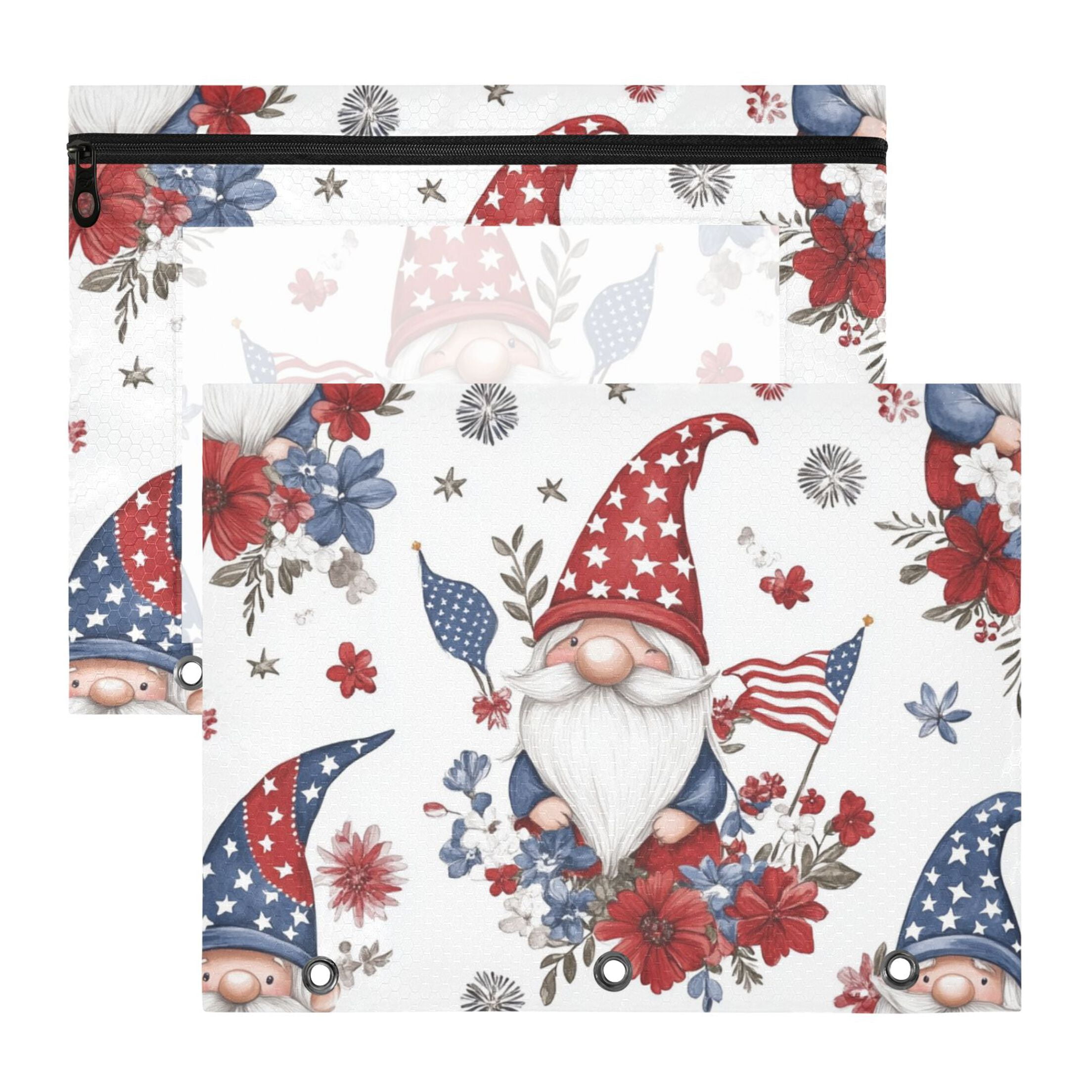Gnomes Flowers Flags July 4th 3-Ring Binder Pouches A4 Size Zipper ...