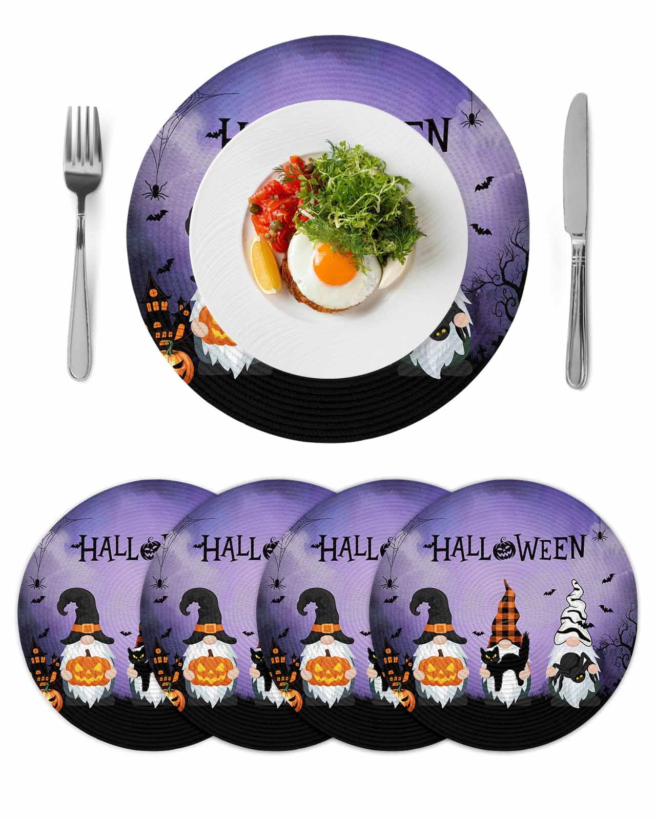 Gnomes Halloween Round Table Placemats set of 4, Purple Pumpkin Black ...