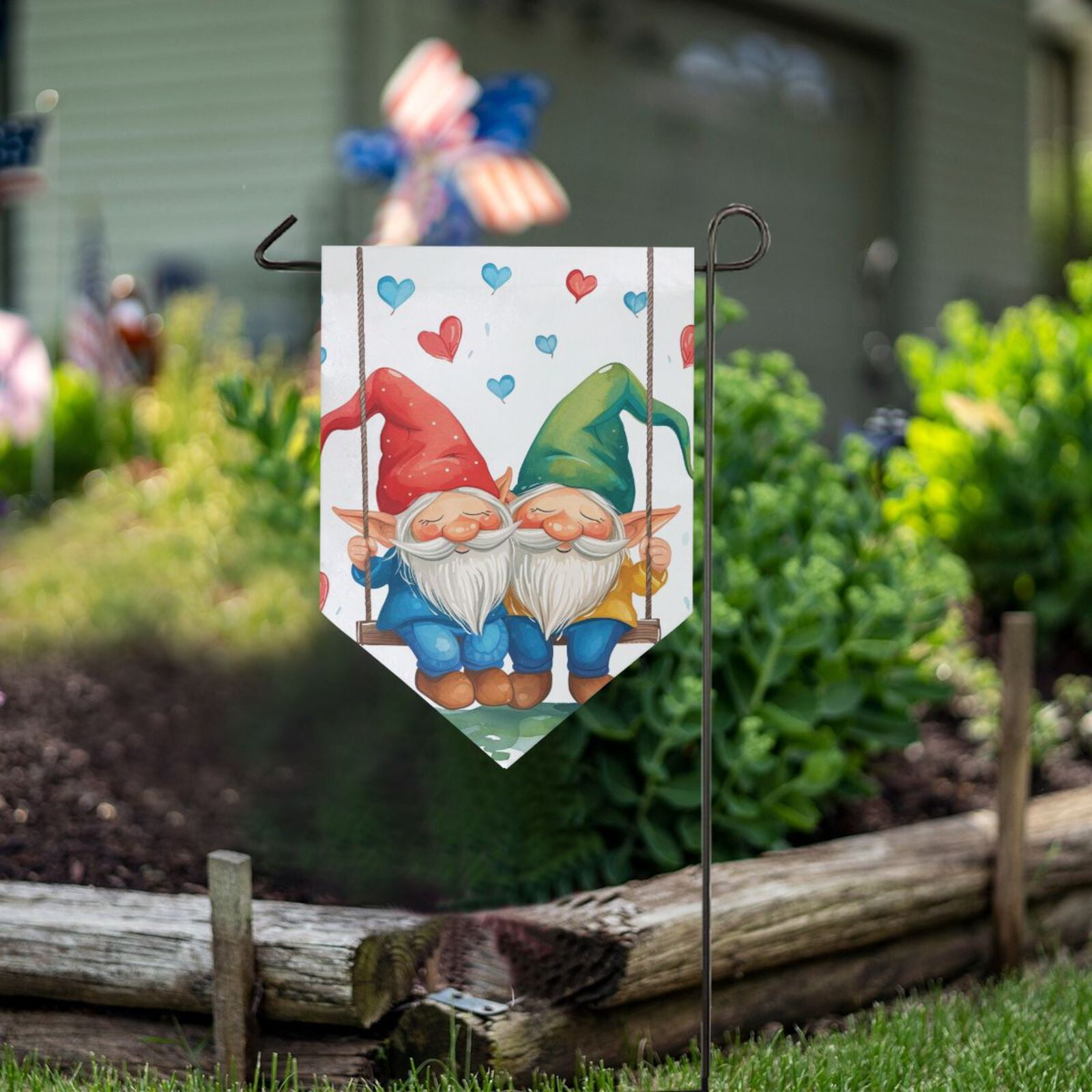 Gnomes Hearts Swing Garden Flag 18" x 12.5" Double Sided Yard Lawn ...