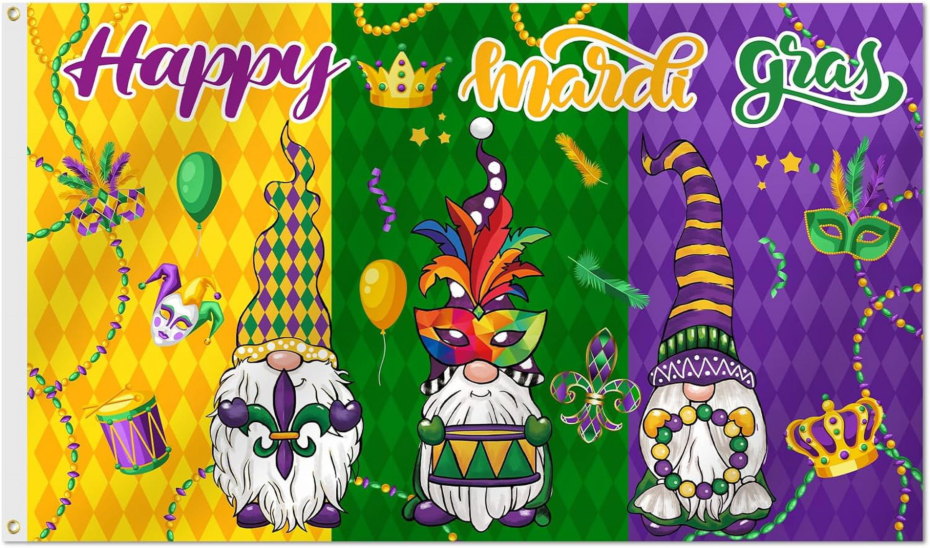 Gnomes Mardi Gras Flag Double Sided, Happy Carnival Outdoor Flag ...