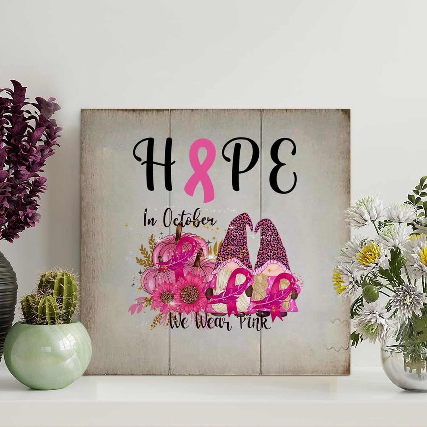 Gnomes In October We Wear Pink Wood Signs Pink Cancer Ribbon Funny Wood ...