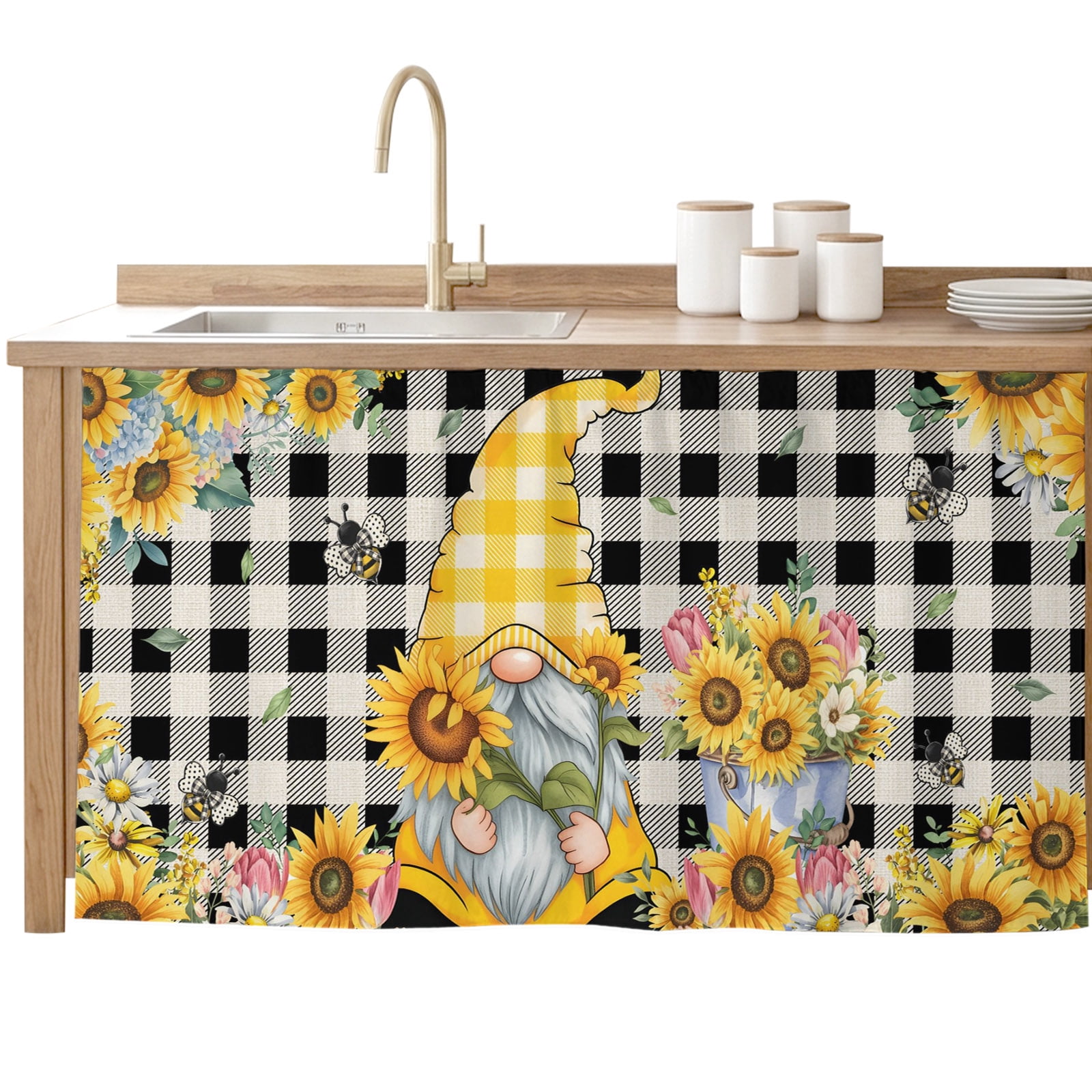 Gnomes Plaid Cabinet Curtains 32"W x 55"L,Dustproof Sink Skirt Curtain ...