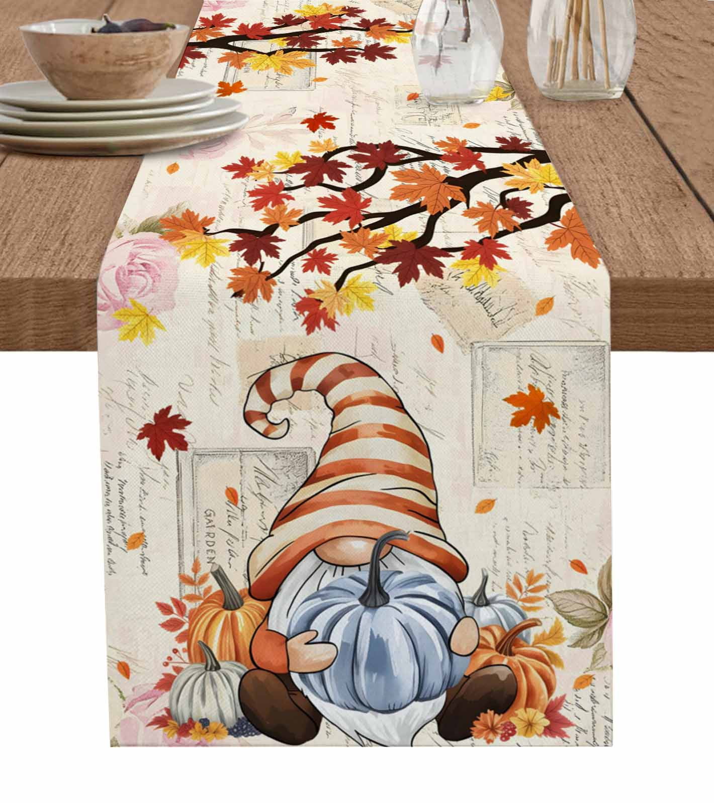Gnomes Pumpkin Fall Table Runner 90 Inches, Thanksgiving Branches Maple ...