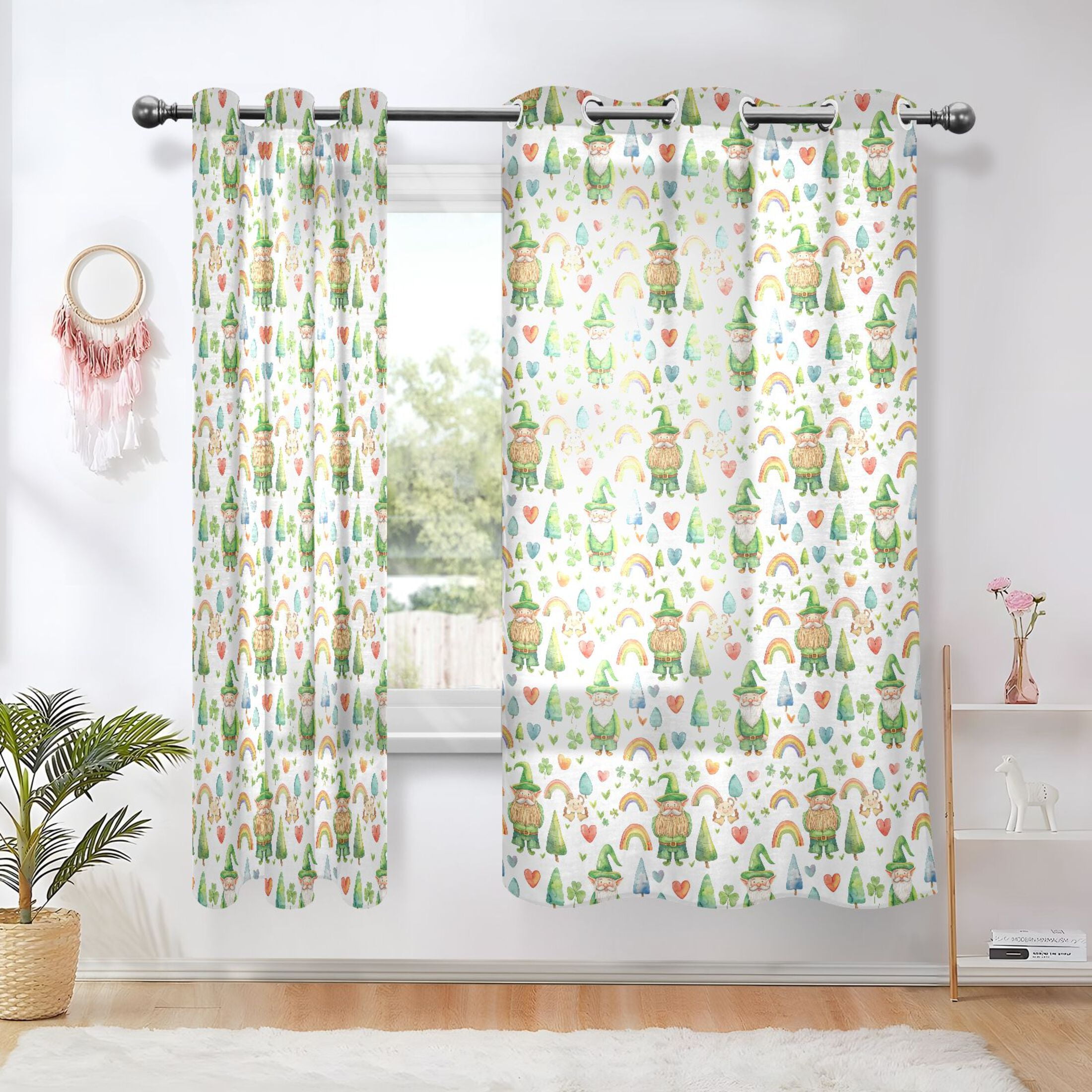 Gnomes Shamrock Tree Rainbow Sheer Curtains 2 Panels Set Grommet Drapes ...
