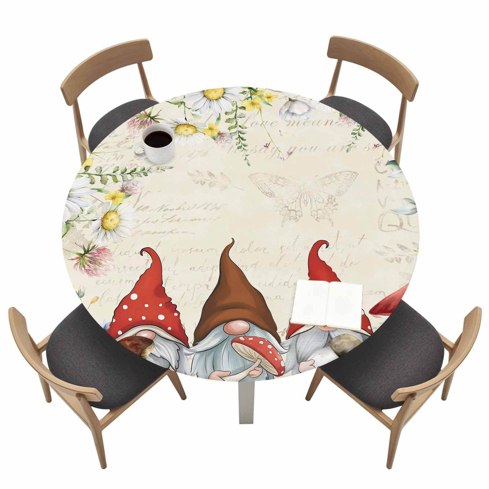 Gnomes Spring Floral Fitted Tablecloth with Elastic Edged, Round Table ...