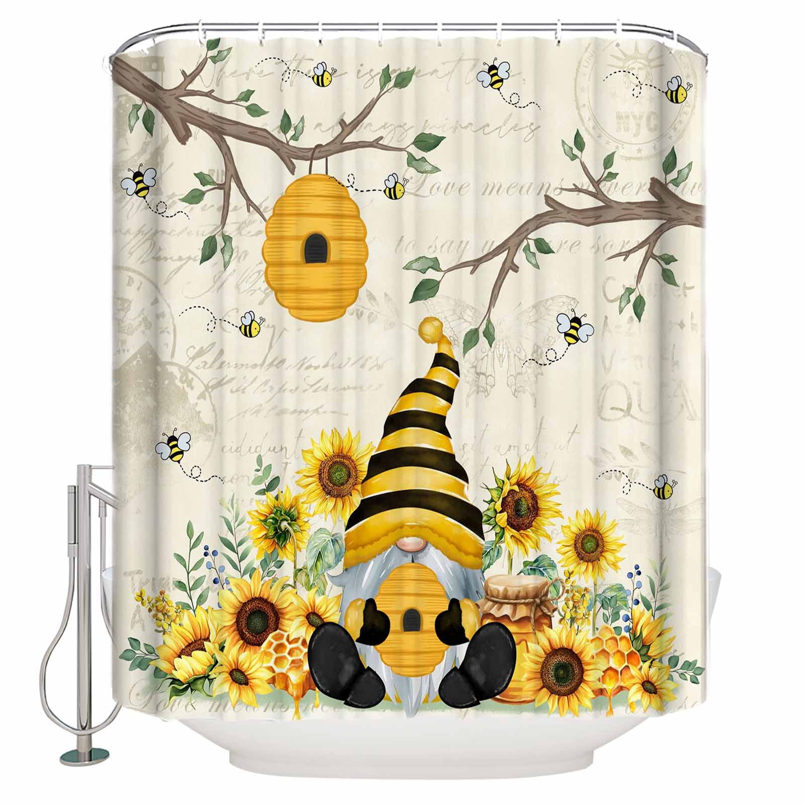Gnomes Sunflower Bathroom Shower Curtains with 12 Hooks Polyester ...