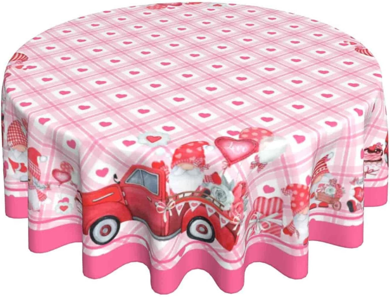 Gnomes Valentines Day Tablecloth Round 60 Inch Pink Buffalo Plaid Check ...