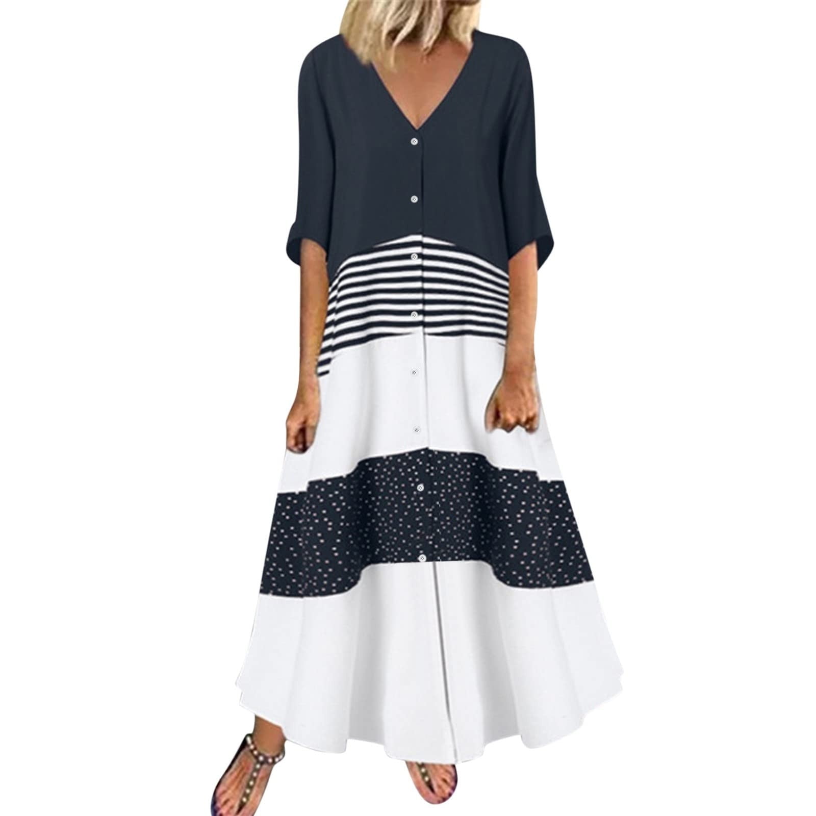 Gnshining Summer Button Dress for Women Loose Short Sleeve Full Length ...