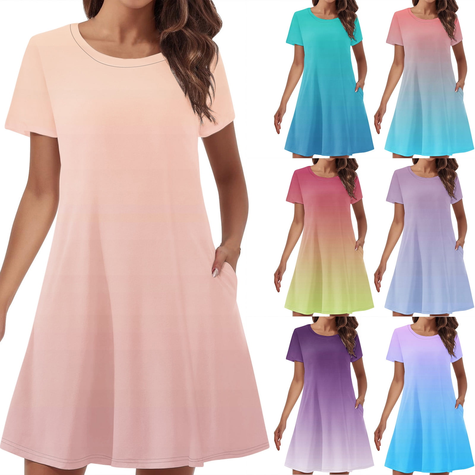 Gnshining Summer Mini A-Line Dress for Women Loose Crew Neck Dress ...