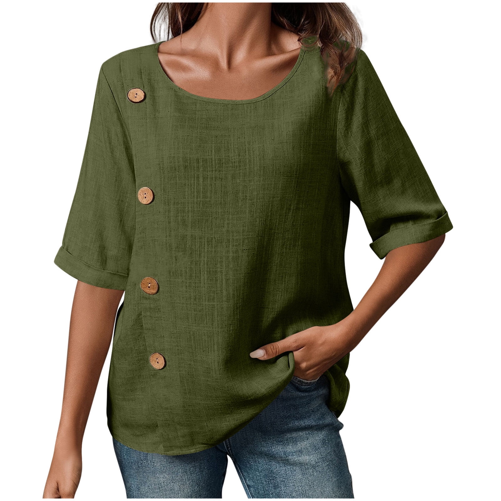 Gnshining Summer Pullovers Tops for Women Loose Crew Neck Button Tees ...