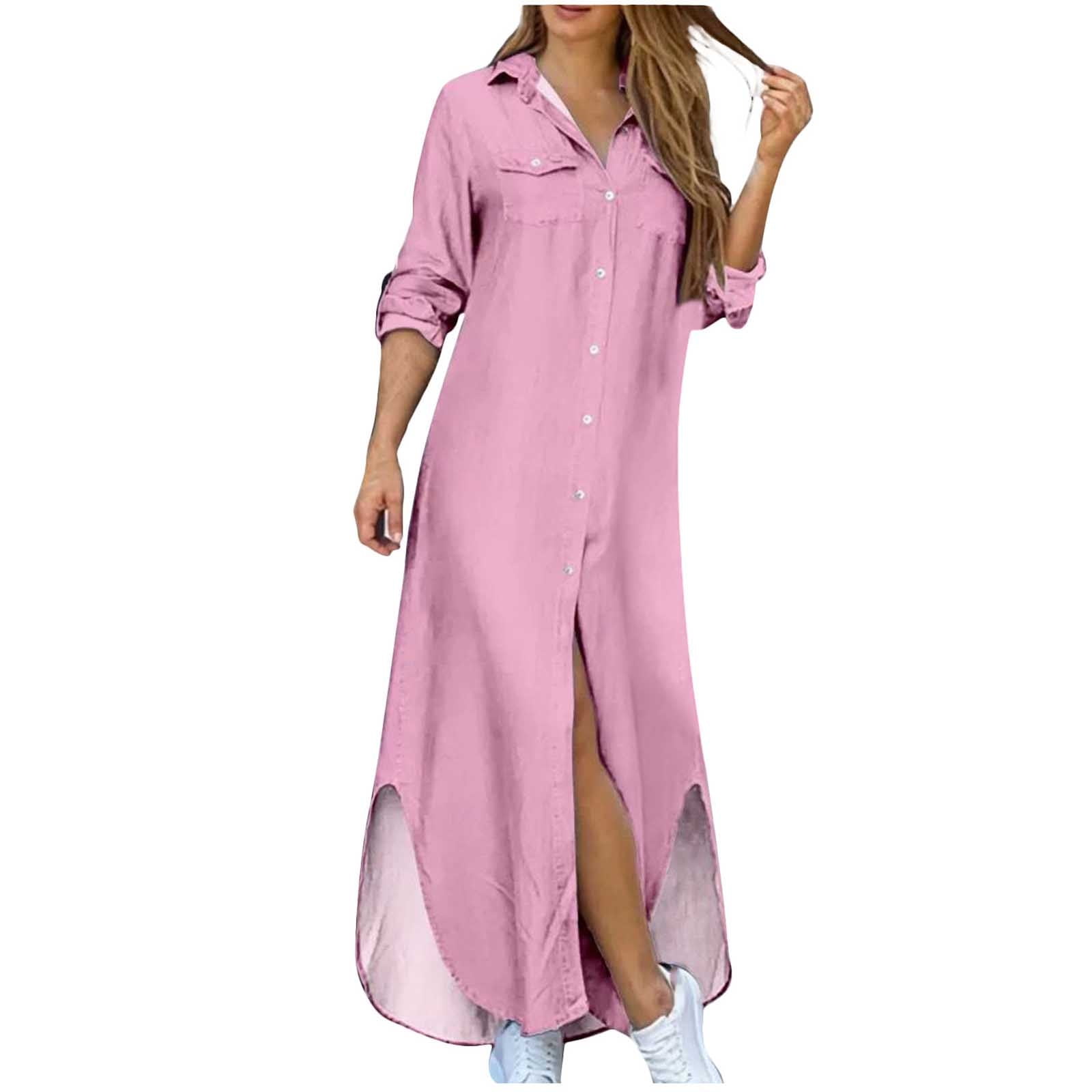 Gnshining Summer Shirt Dress for Women Casual Long Sleeve Turndown ...