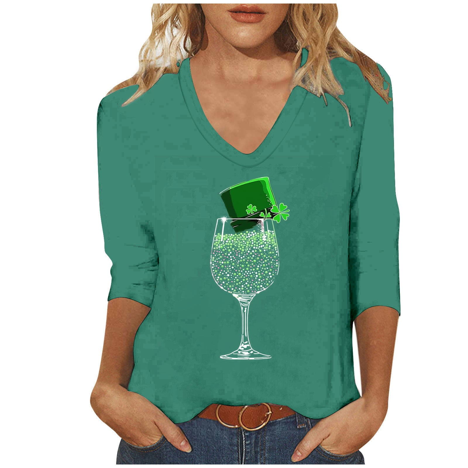 Gnurob Clearance Deals Women's St Patrick's Day Tops,Teen Girls Casual V Neck 3/4 Sleeve ...