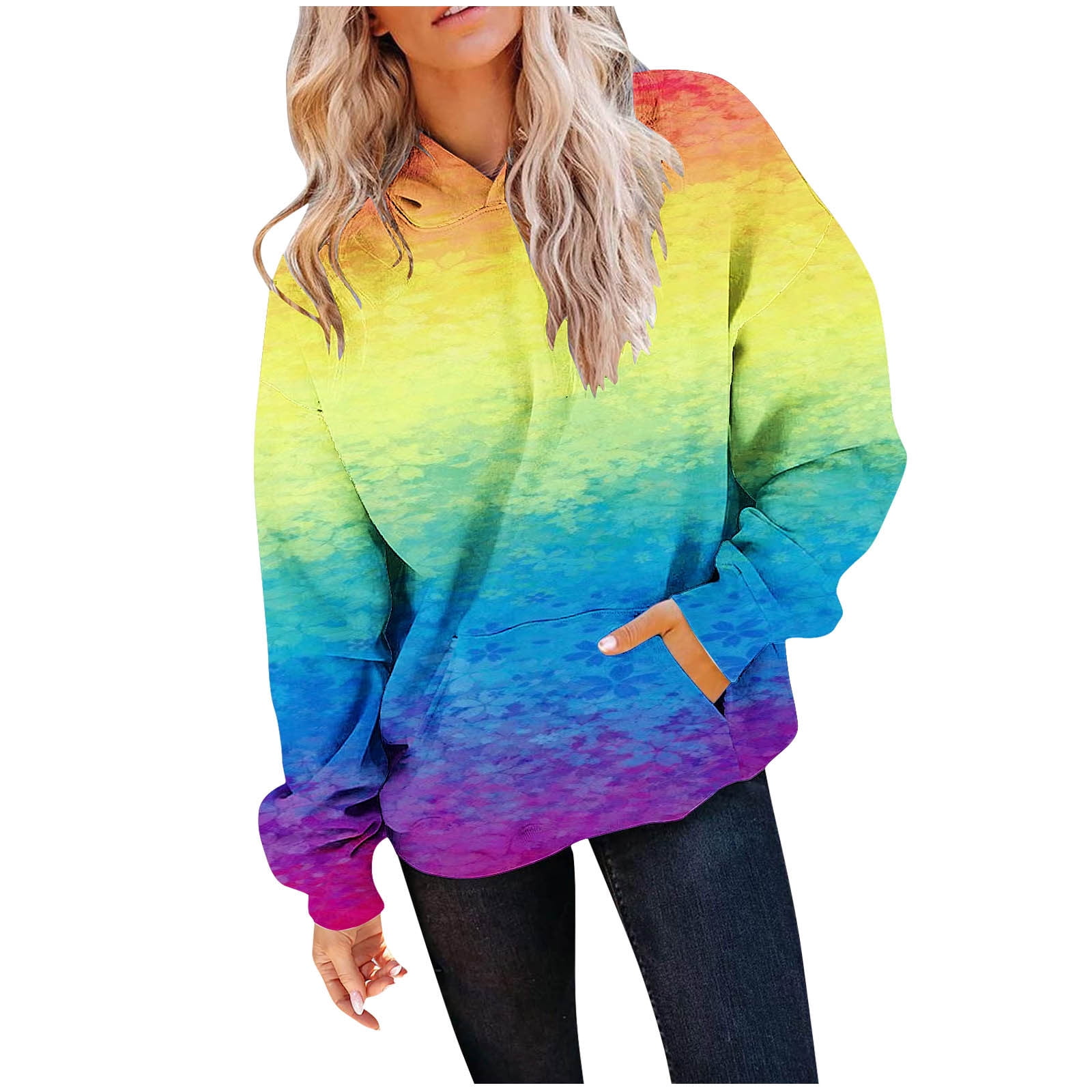 Gnurob Clearance Hooded Sweatshirts for Womens Neon Ombre Pullover Tops Casual Long Sleeve ...