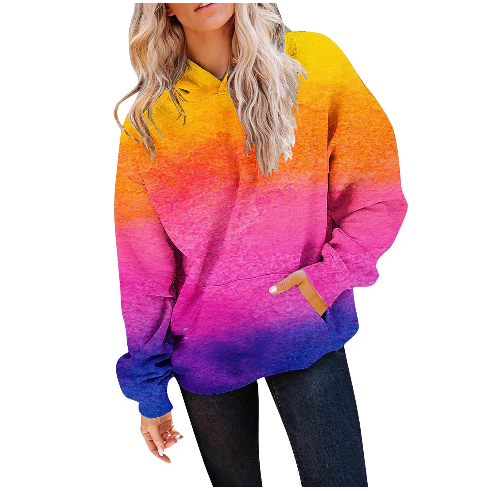 Gnurob Clearance Women Long Sleeve Sweatshirt Neon Ombre Hoodies Casual ...