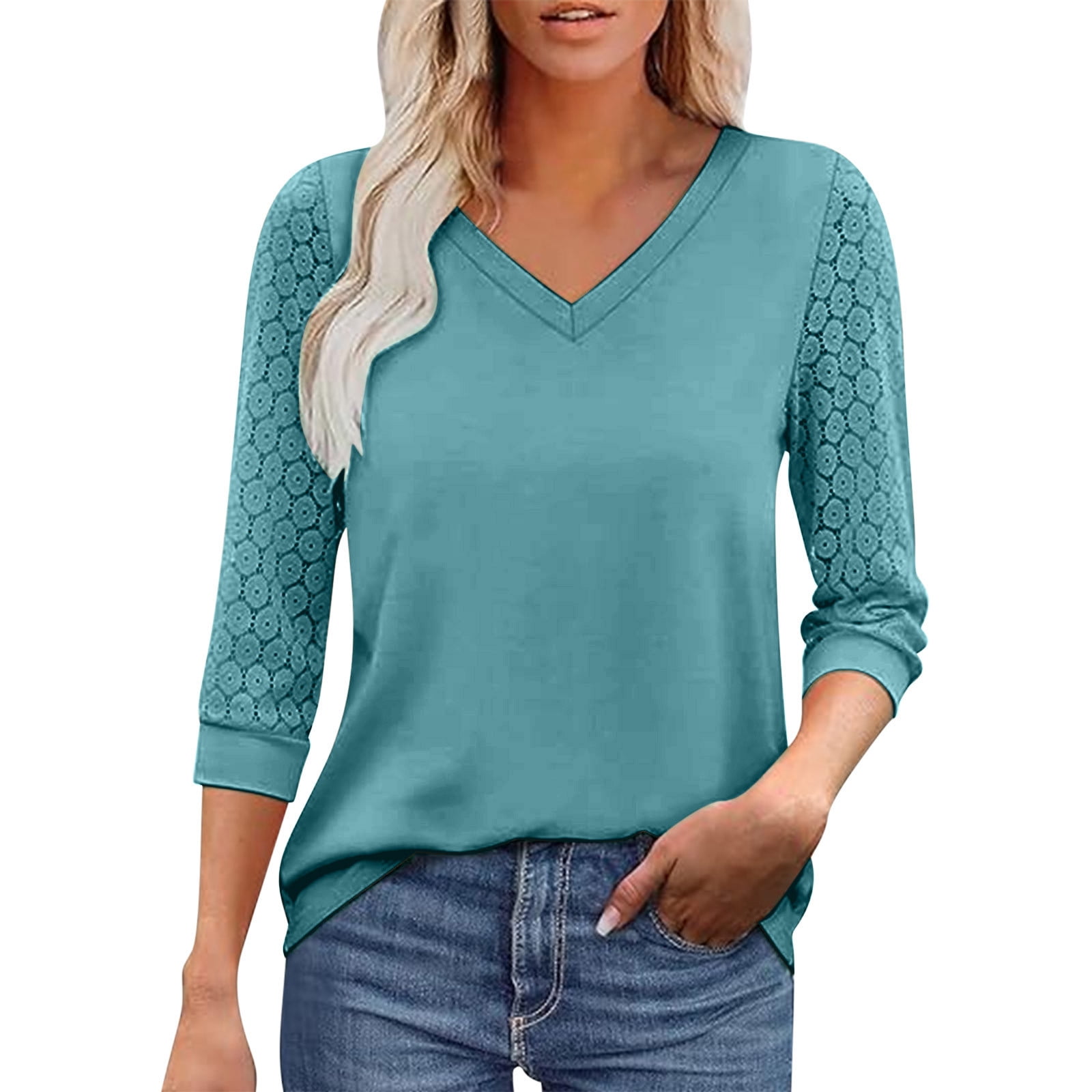 Gnurob Saving Women Lace 3/4 Sleeve Shirts Dressy Casual Tops V Neck ...