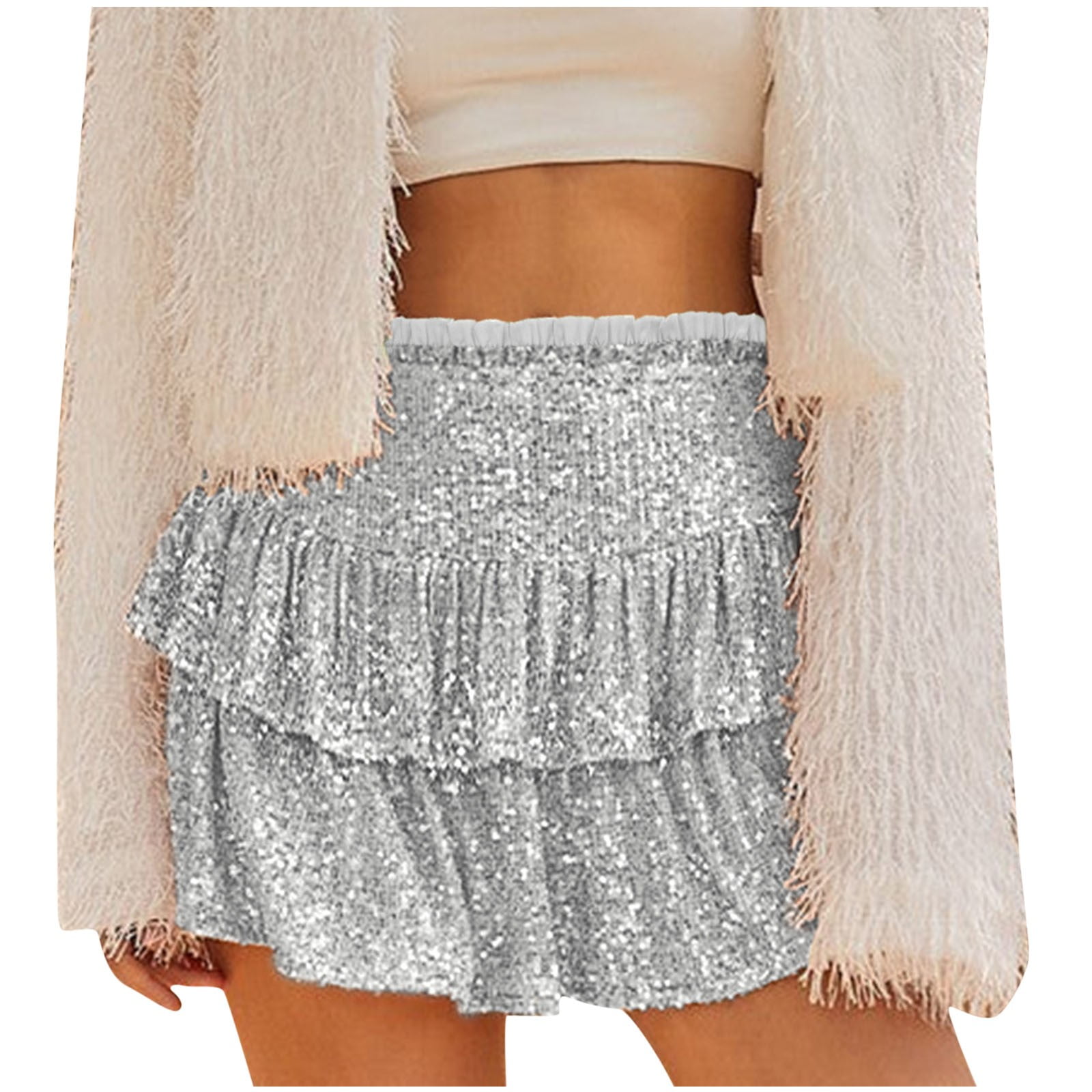 Gnurob Summer 2025 Sequin Ruffle Mini Skirts Women Sparkly High Waist ...