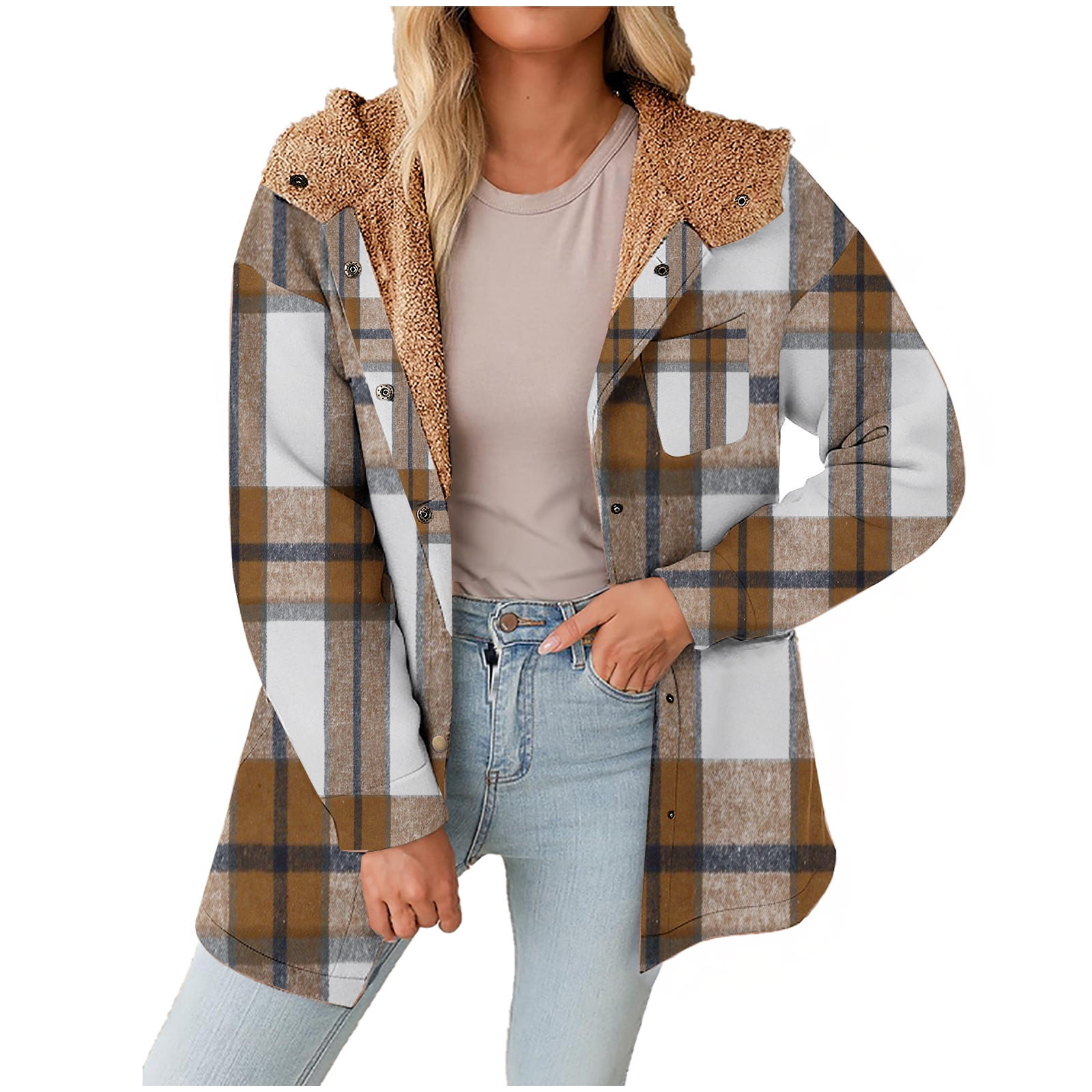 Gnurob Women Jacket Fleece Fuzzy Shacket Flannel Plaid Coats Button ...