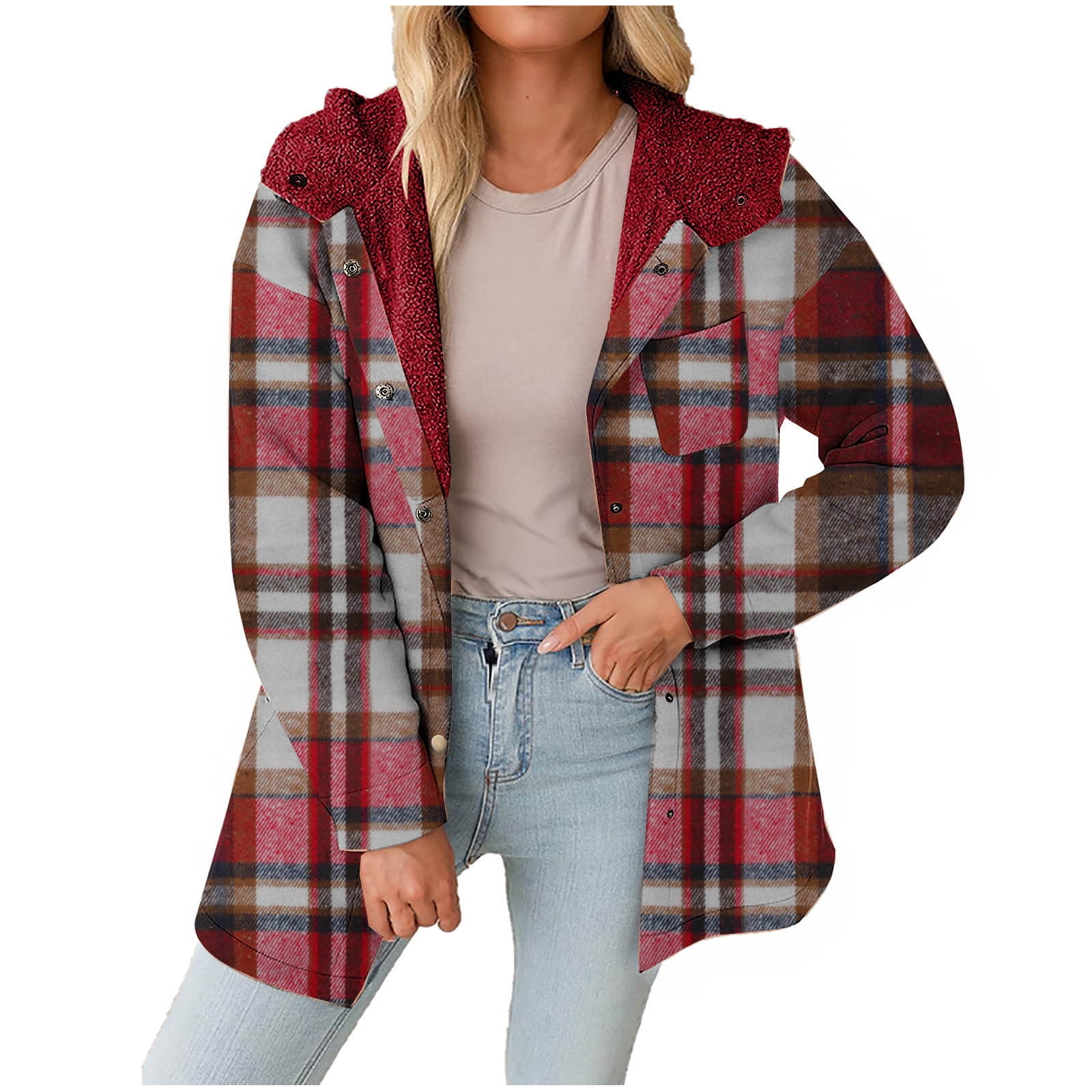 Gnurob Women Jacket Fleece Fuzzy Shacket Flannel Plaid Coats Button ...