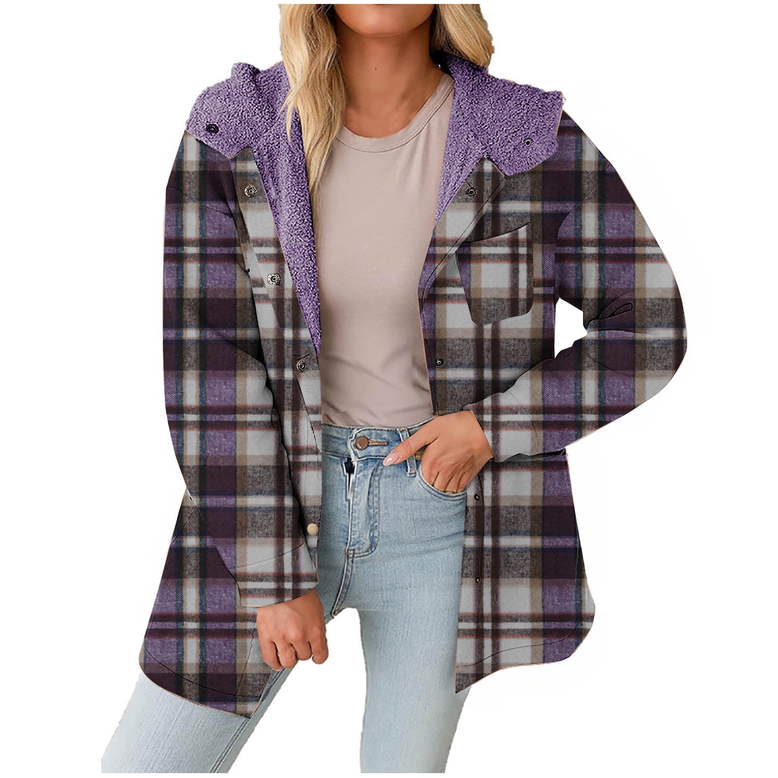 Gnurob Women Jacket Fleece Fuzzy Shacket Flannel Plaid Coats Button ...