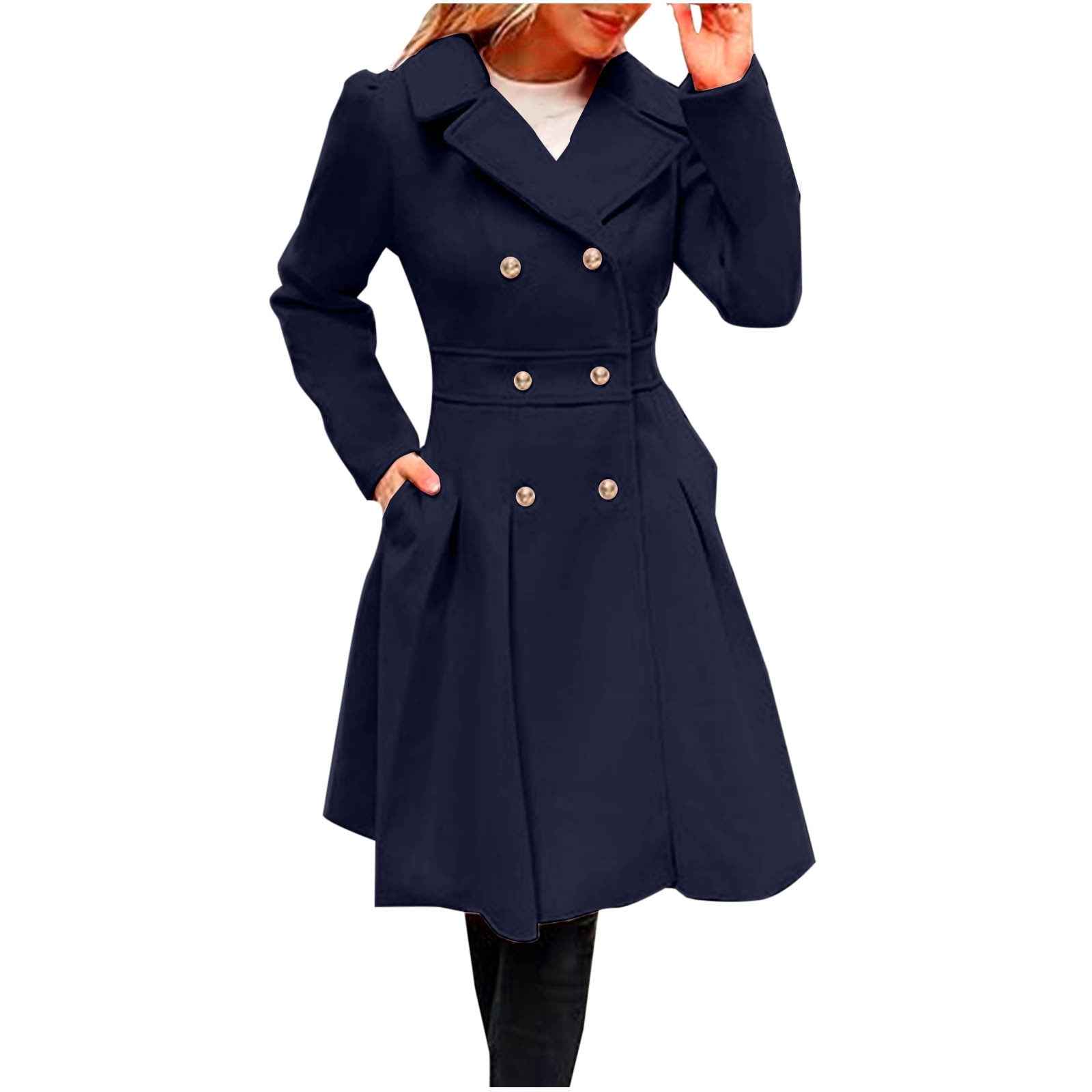 Gnurob Women Notched Lapel Collar Coats Double Breasted Pea Coat Winter Wool Blend Over Jacket ...