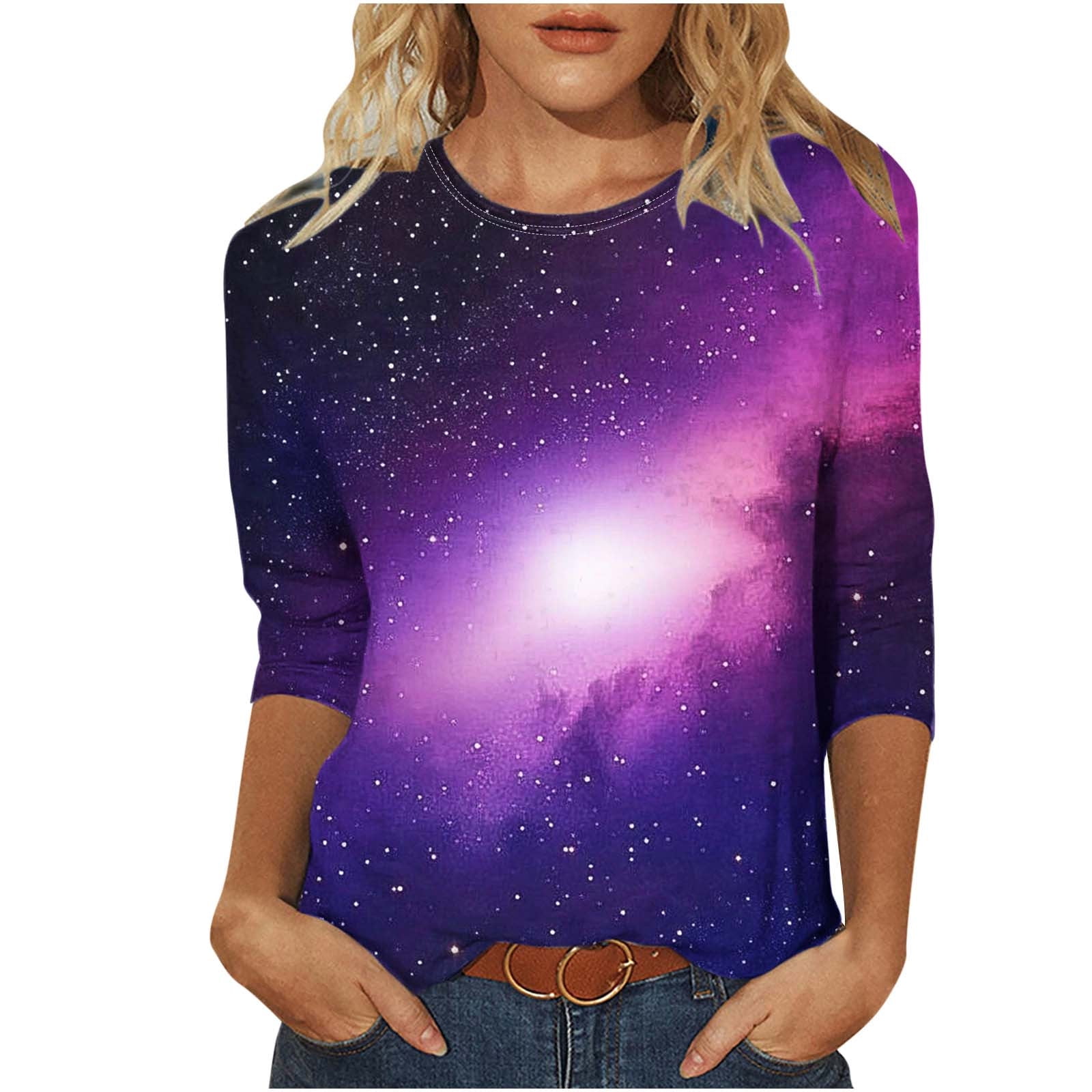 Gnurob Womens Starry Sky Print Shirts 3/4 Sleeve T-shirt Galaxy Blouse ...
