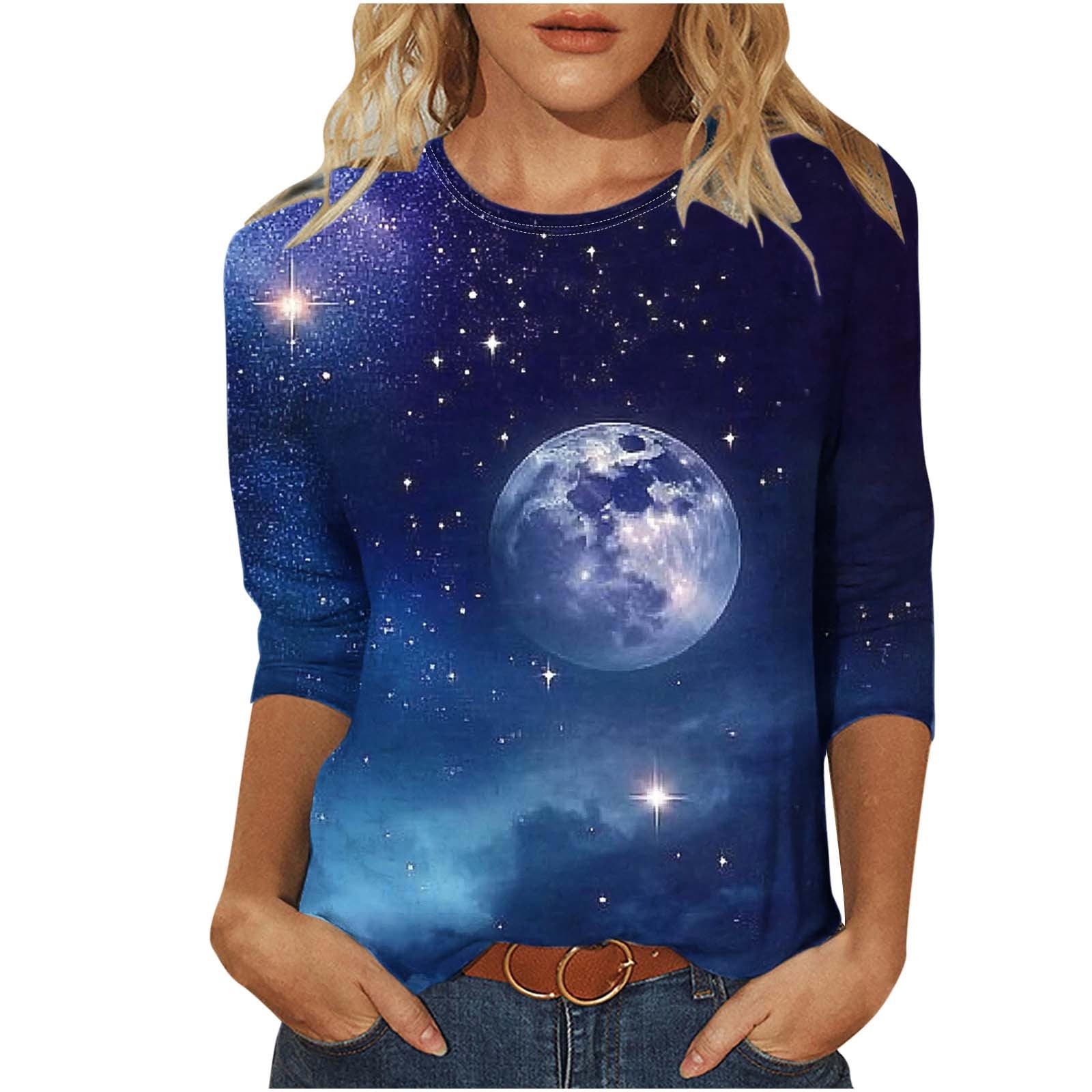 Gnurob Womens Starry Sky Print Shirts 3/4 Sleeve T-shirt Galaxy Blouse ...