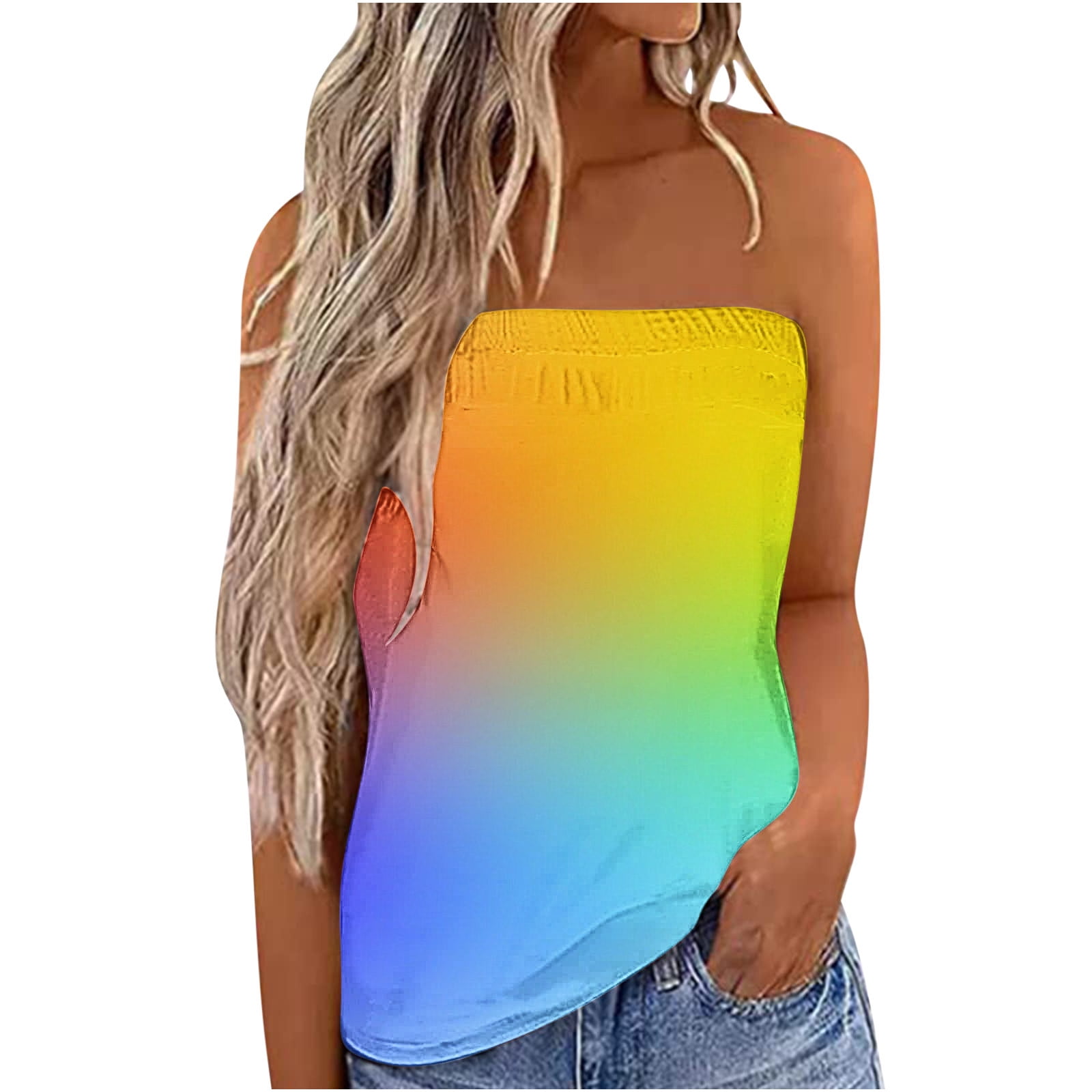 Gnurob Womens Summer Vacation Tube Tops Neon Gradient Shirts Sexy ...