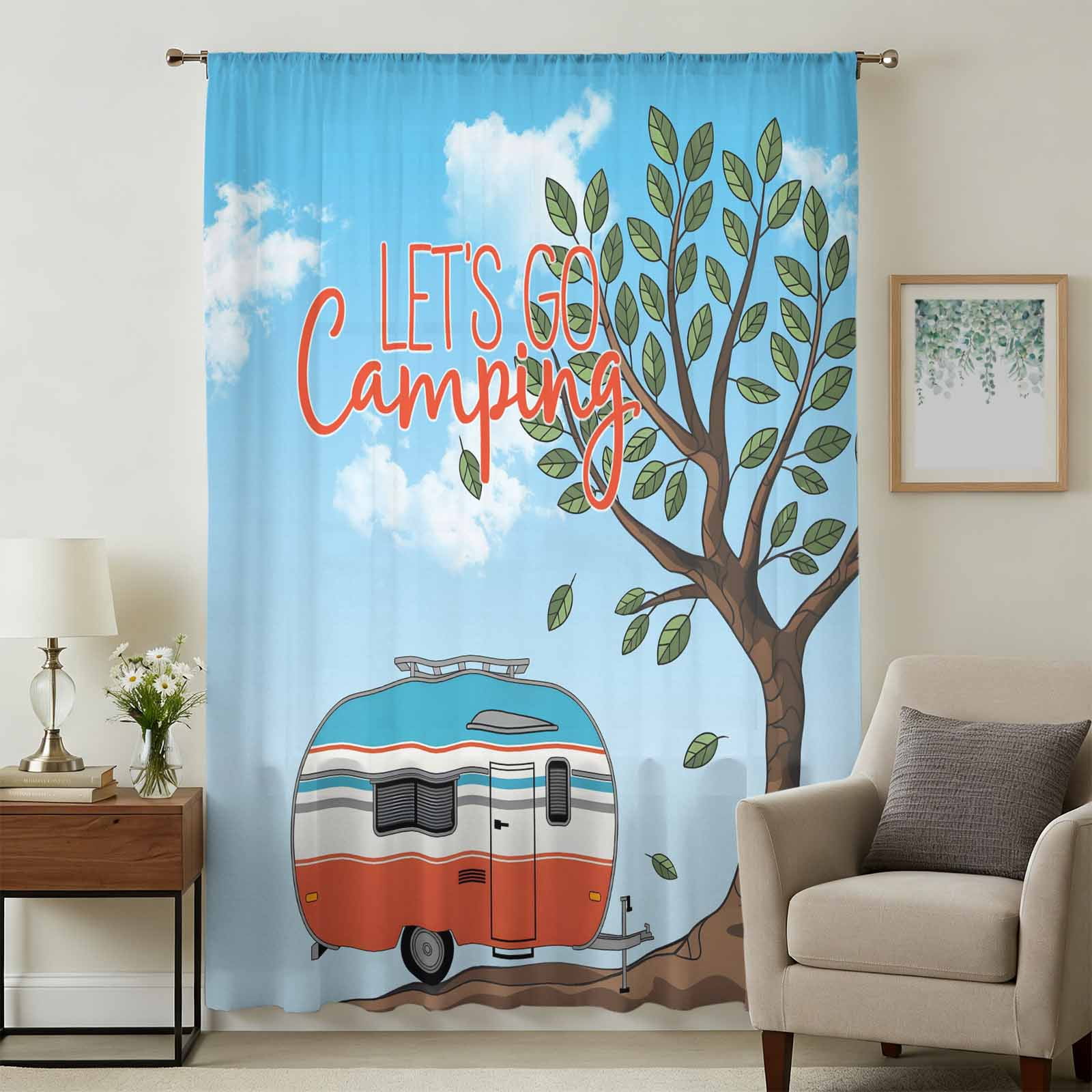 Let's Go Camping Sheer Curtains 72 Inches Long, Modern Camper Van Trees ...