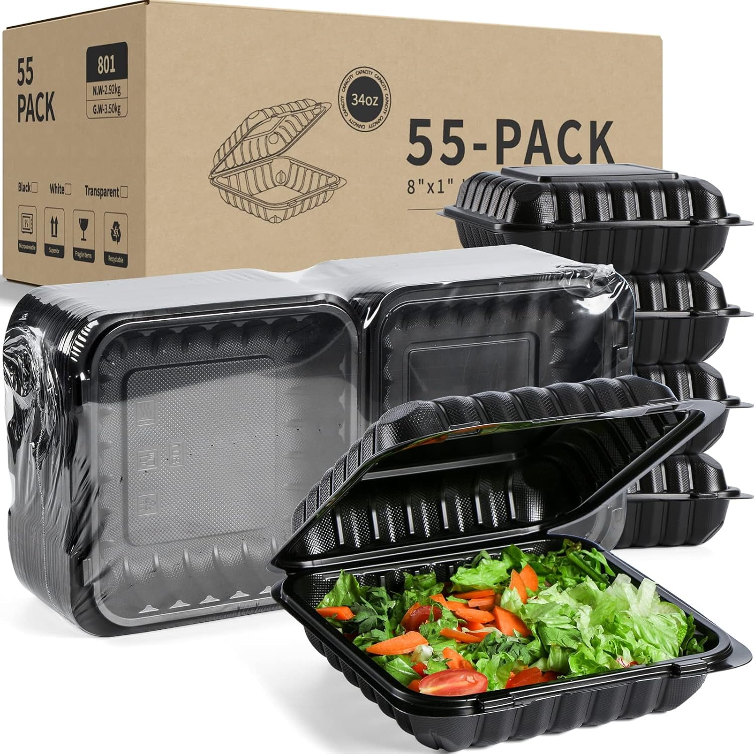 To Go Containers, Reusable Anti-Fog Shrink Wrap 25 Pack 34 oz 8 Inch ...