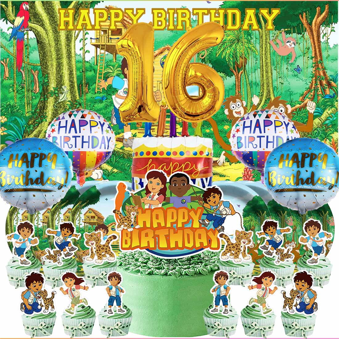 Go Diego Go 16th Tableware Balloons Cake Toppers Backdrop Banner ...