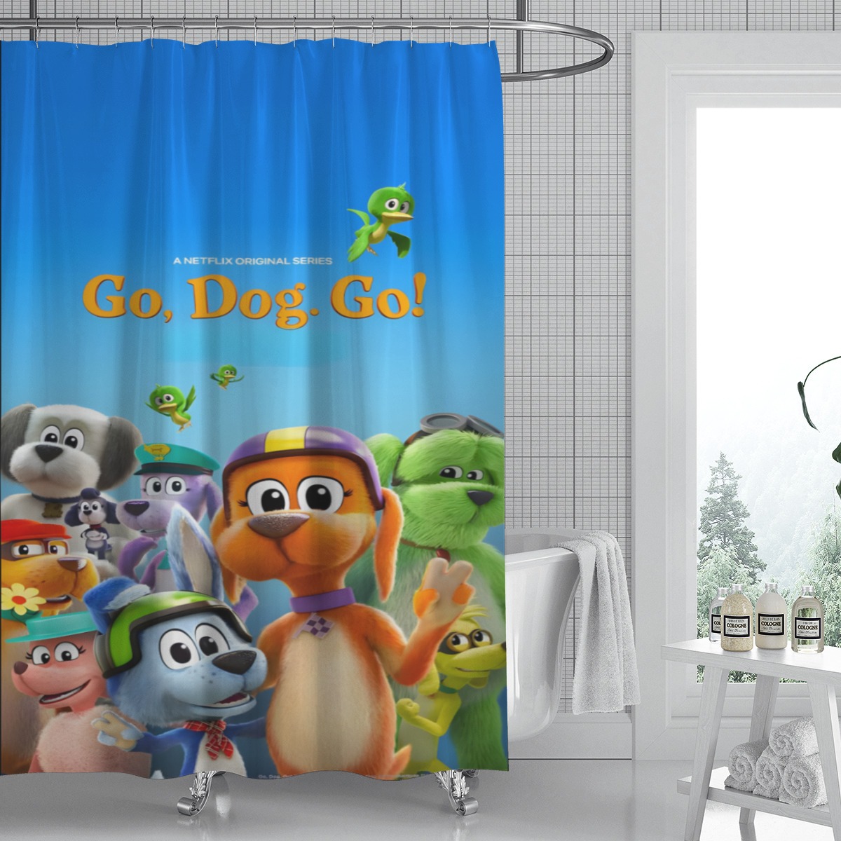 Go Dog Go shower curtain showcases a popular design, is waterproof, and ...