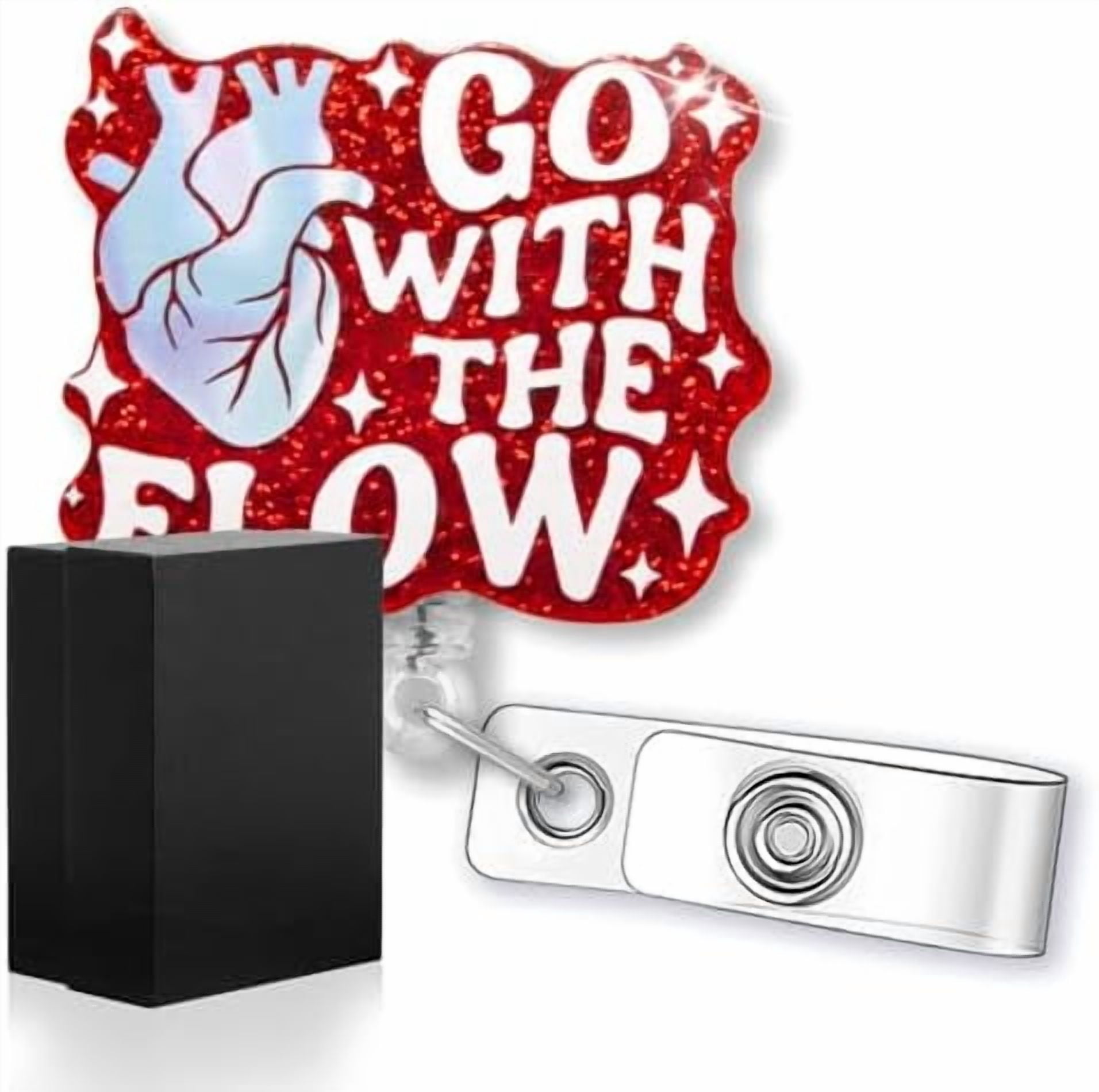 Go with The Flow Funny Glitter Heart Badge Reel with ID Clip ...