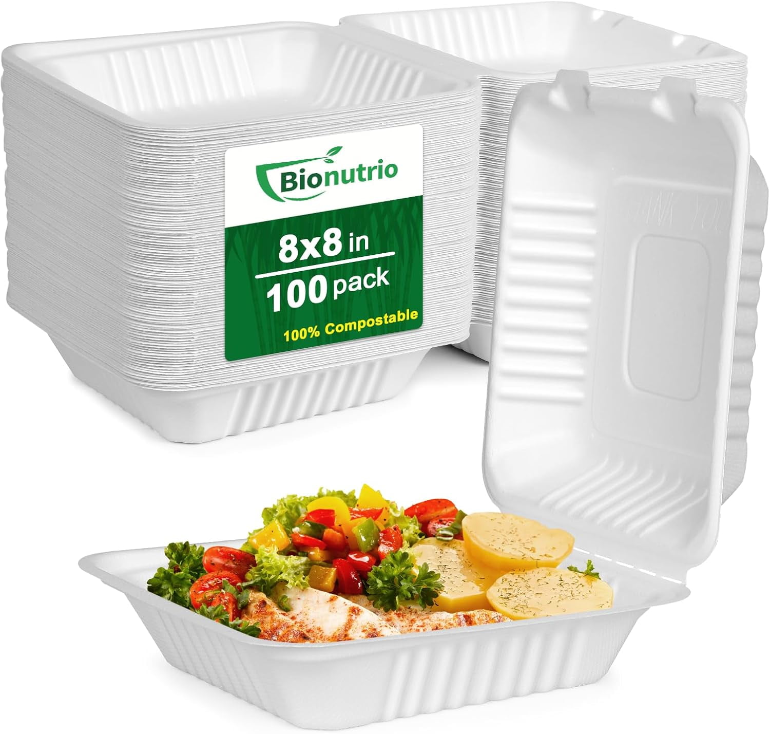 To Go Food Containers Disposable, Compostable Clamshell Containers 8x8 ...