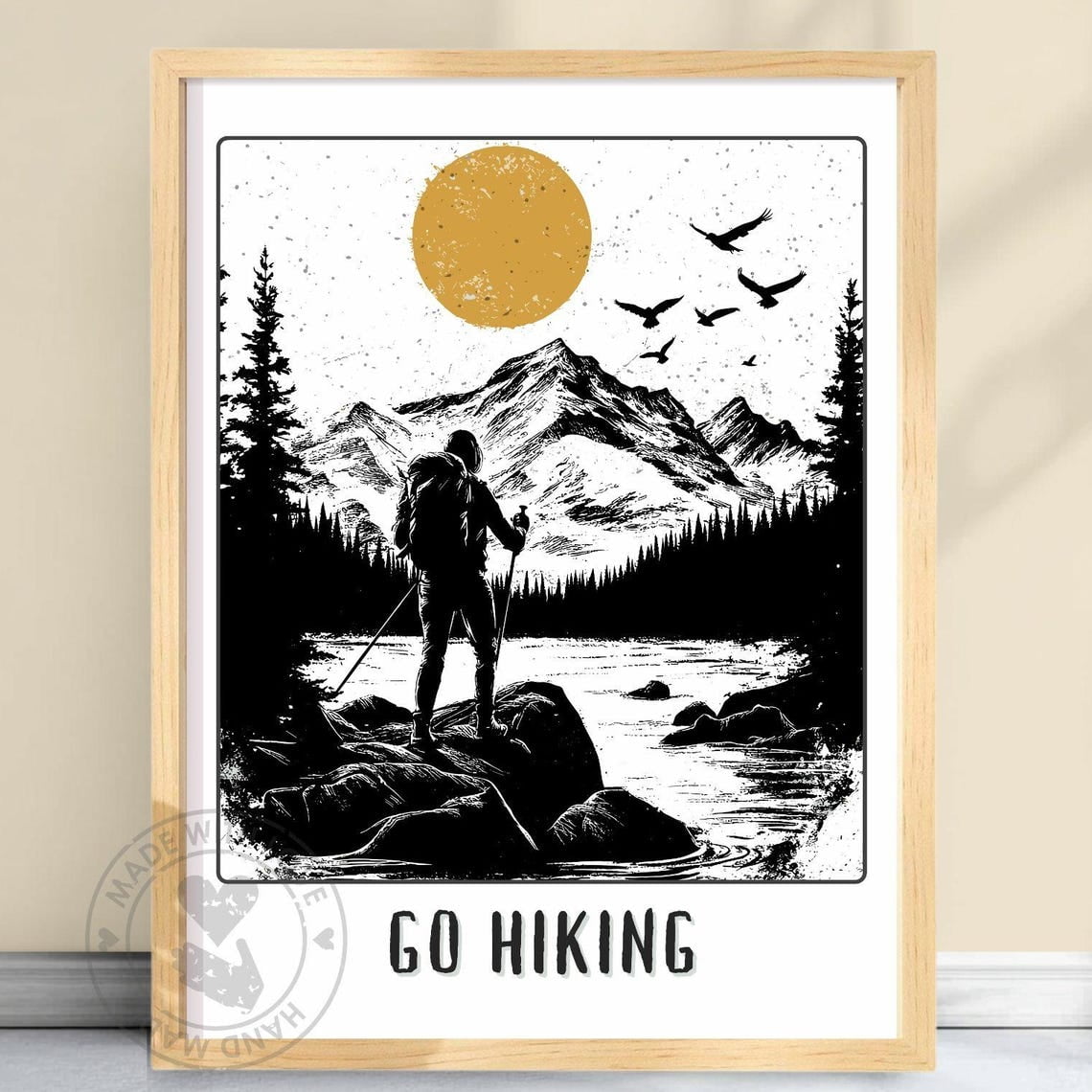Go Hiking Poster, Hiking Print, Gift For Hikers, Black, White And Gold ...