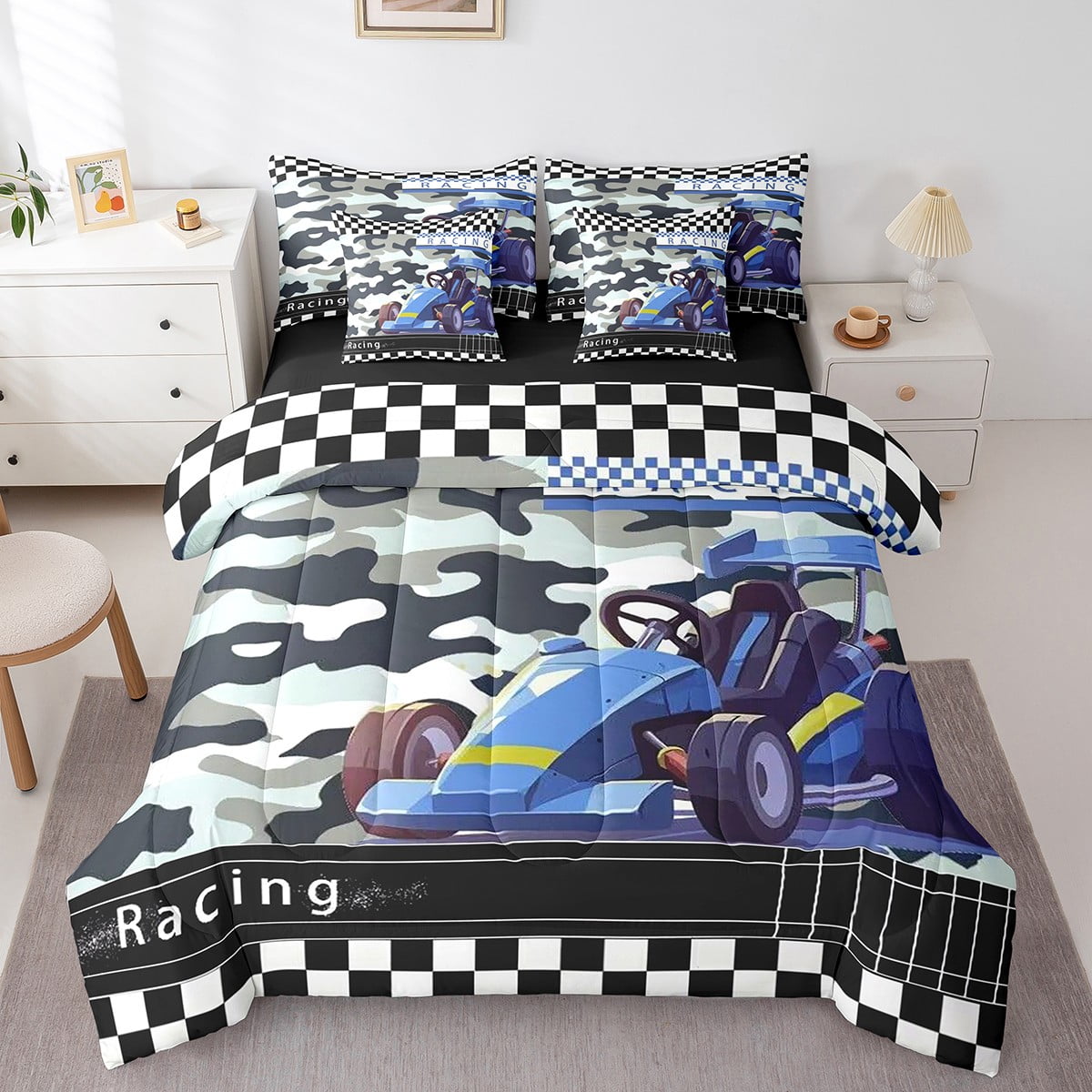 Go Kart Bed in a Bag King Size Comforter Set 7 Pieces,Karting Race Cars ...