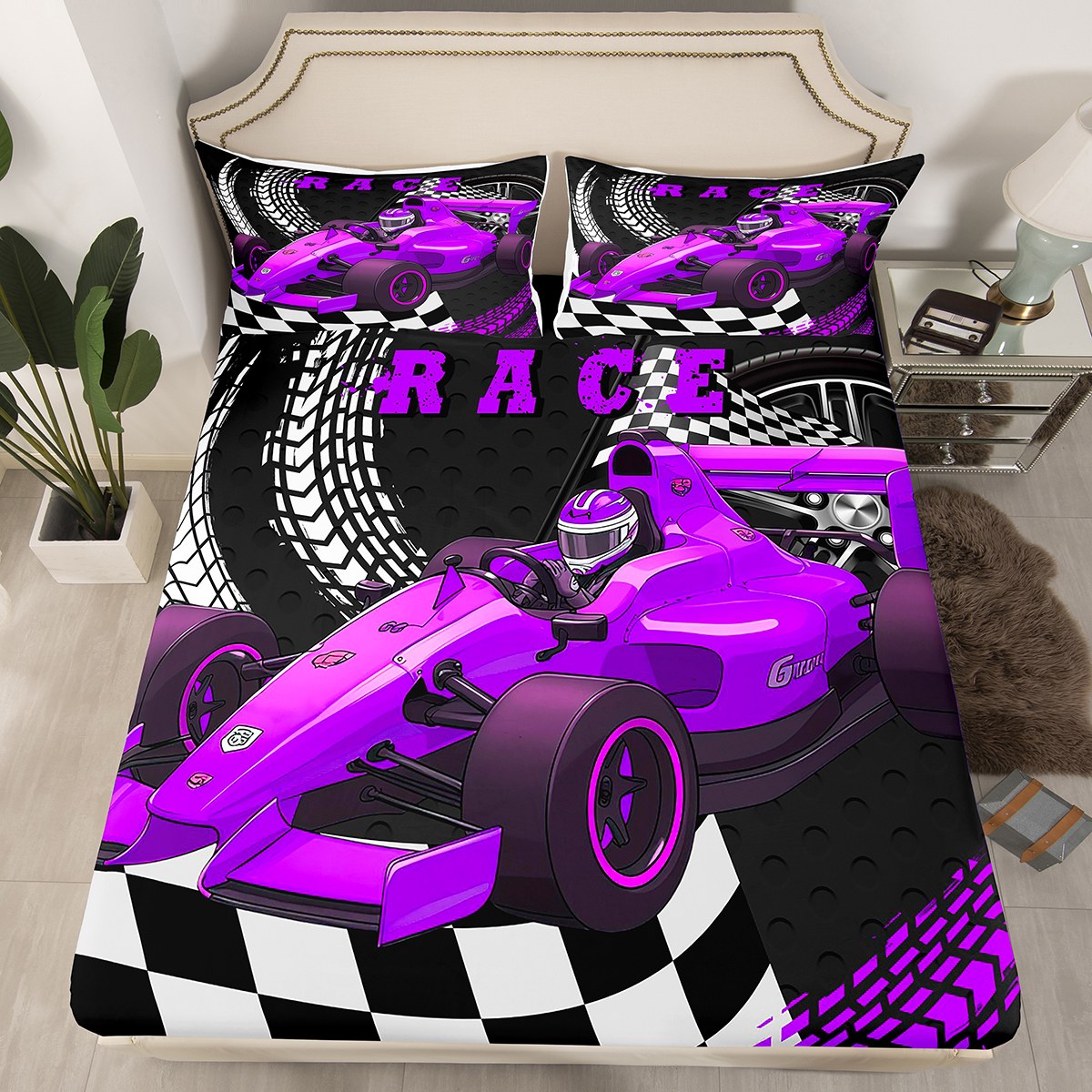 Go Kart Bed Sheets Race Car Fitted Sheet,Black and White Buffalo Plaid ...