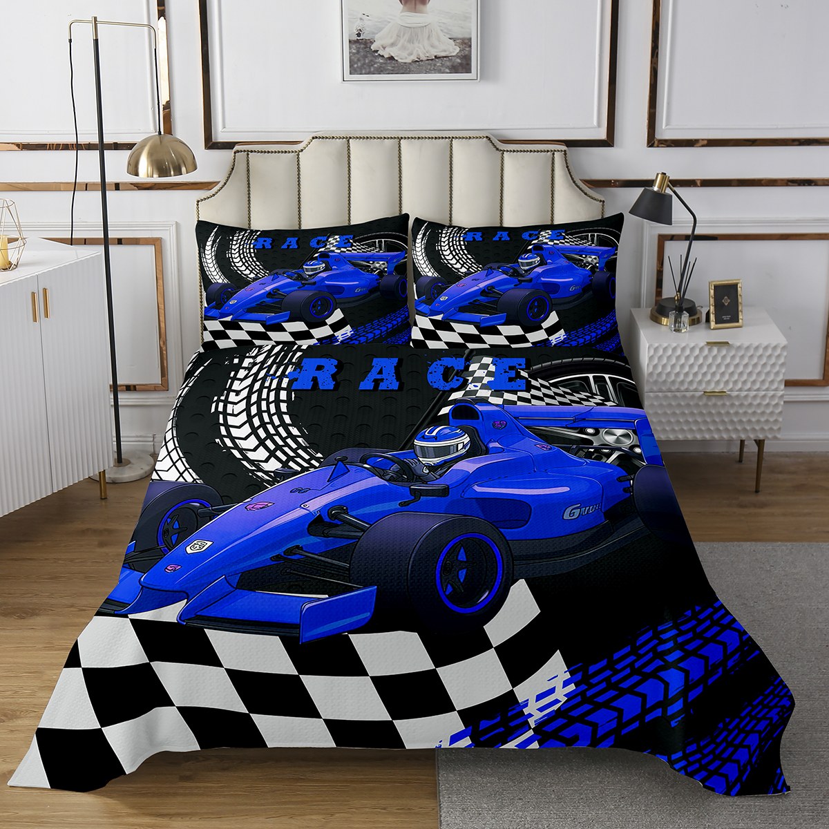 Go Kart Bedspread Set Race Car Quilt Set,Black and White Buffalo Plaid ...