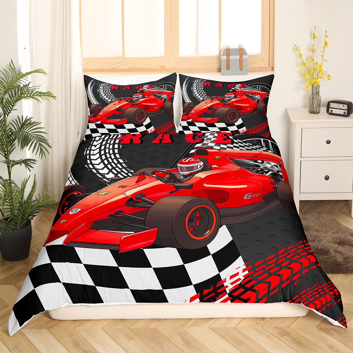 Go Kart Race Car Bed,Black and White Buffalo Checkered Drift Kart Duvet ...