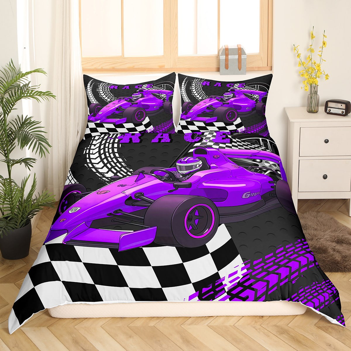 Go Kart Race Car Bed,Black and White Buffalo Plaid Drift Kart Duvet ...