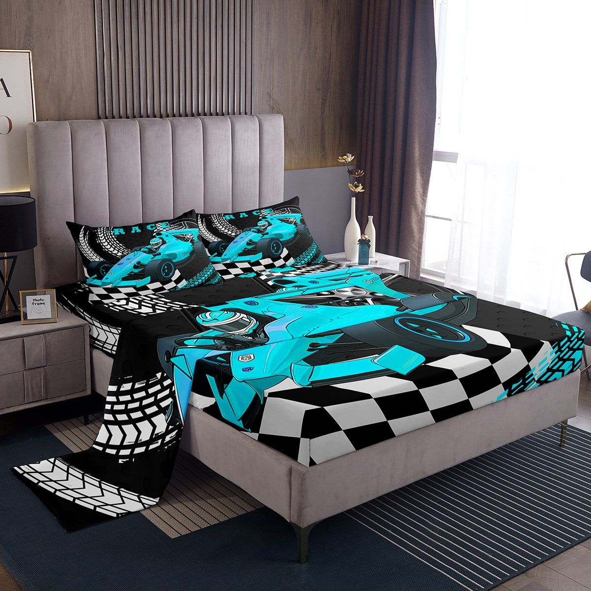 Go Kart Sheet Set Race Car Bed Sheets Set,Black and White Buffalo ...