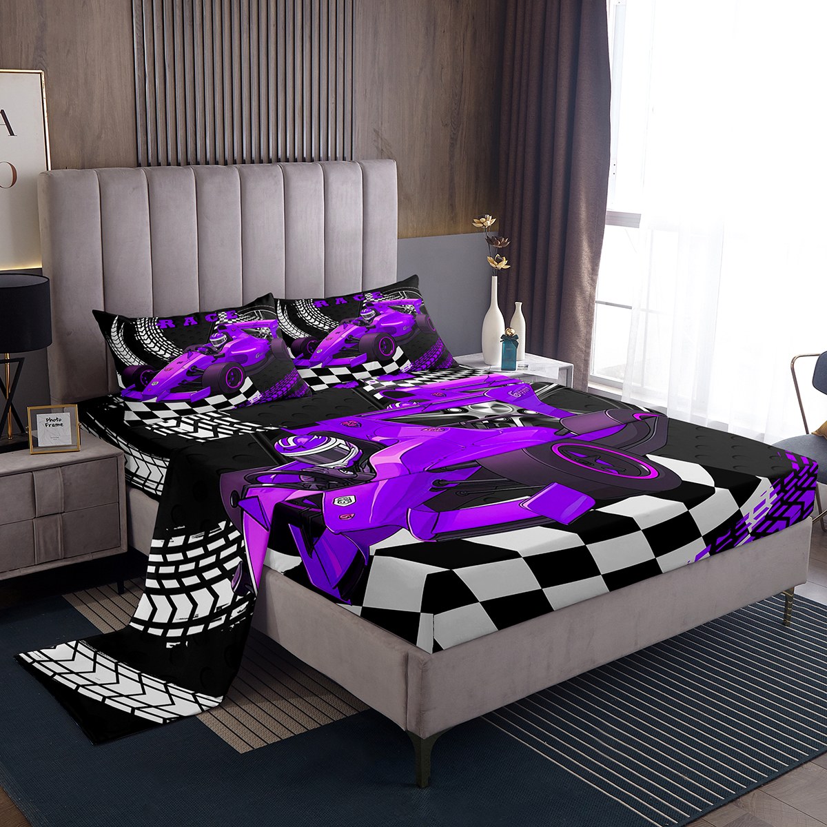 Go Kart Sheet Set Race Car Bed Sheets Set,Black and White Buffalo Plaid ...