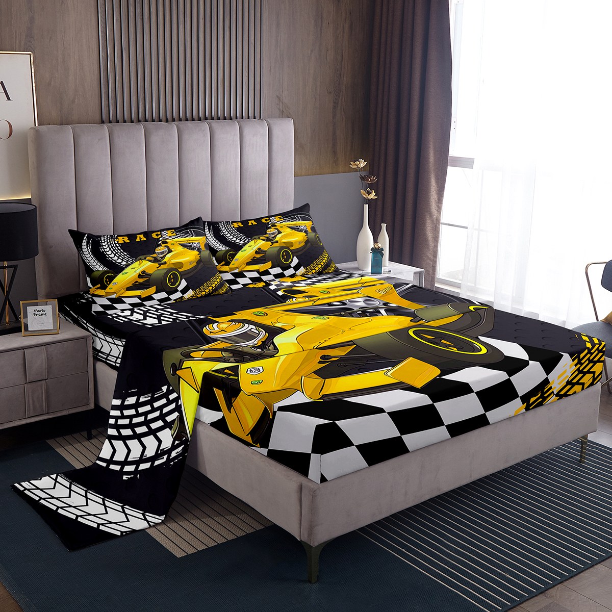 Go Kart Sheet Set Race Car Bed Sheets Set,Black and White Checked Plaid ...
